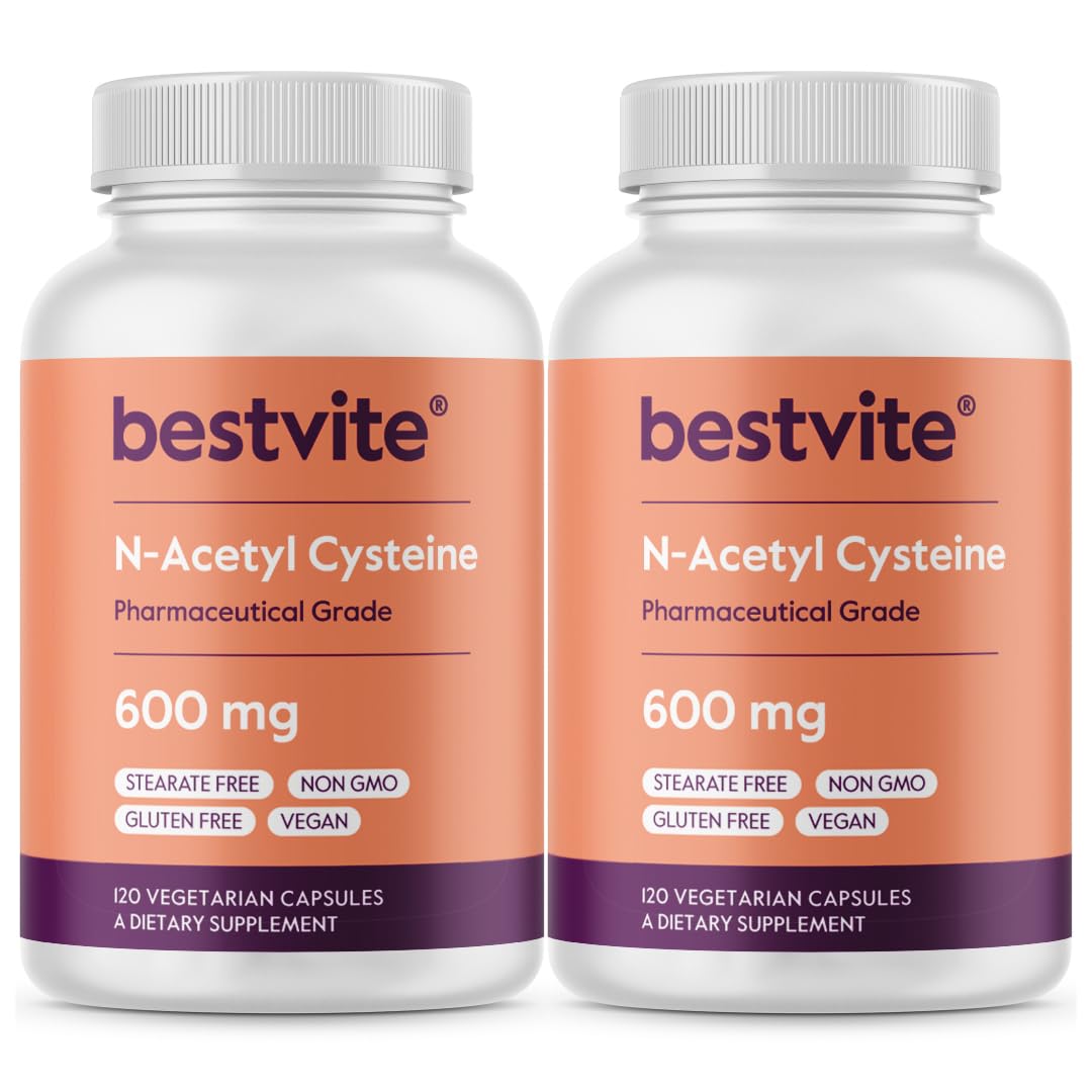 BESTVITE N-Acetyl Cysteine 600mg (NAC) (120 Vegetarian Capsules) (120 x 2) - No Stearates - Vegan - No Fillers - No Silica - No Gelatin - Gluten Free - Non GMO