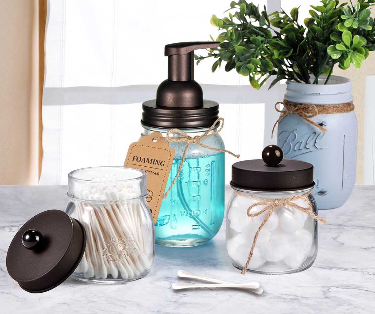 SheeChung Mason Jar Foaming Soap Dispenser - Rustproof Stainless Steel Lid&Foaming Soap Pump,Best Hand Foam Soap Dispenser Glass for Bathroom Vanities or Kitchen Sink,Countertops - Bronze (2 pk)