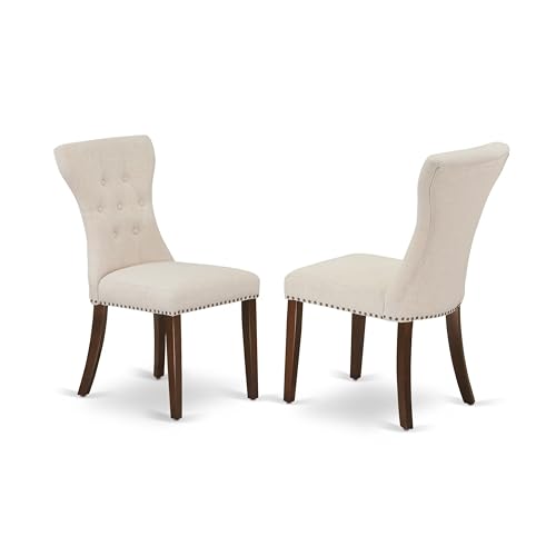 East West Furniture DLGA5-MAH-32 5 Piece Dining Room Table Set Includes a Round Dining Table with Dropleaf and 4 Light Beige Linen Fabric Upholstered Chairs, 42x42 Inch, Mahogany