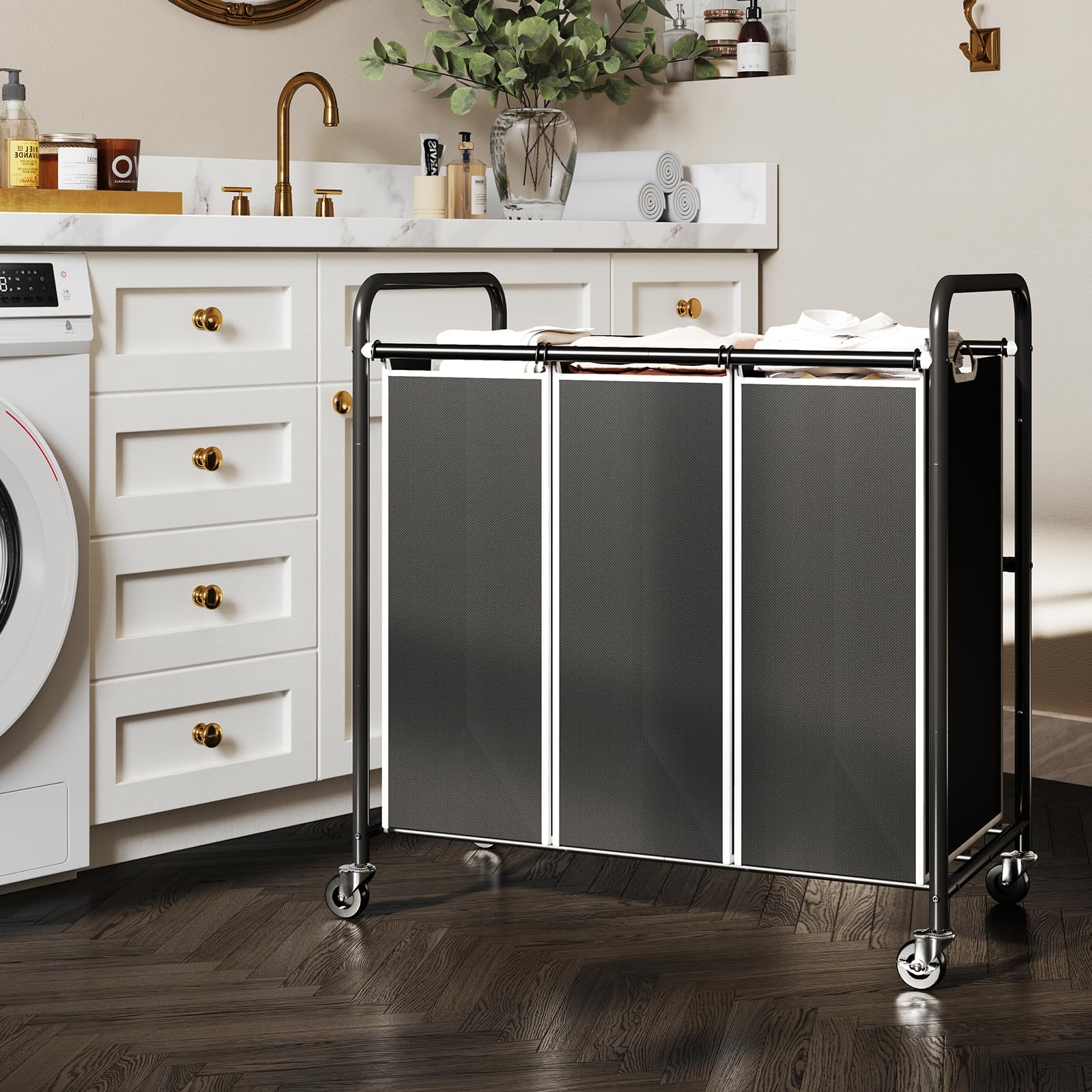 ROMOON Laundry Sorter 3 Section, Heavy-Duty Laundry Hamper with Lockable Wheels and Removable Bags, Rolling Laundry Basket Cart, Dirty clothes hampers for Family laundry, Black