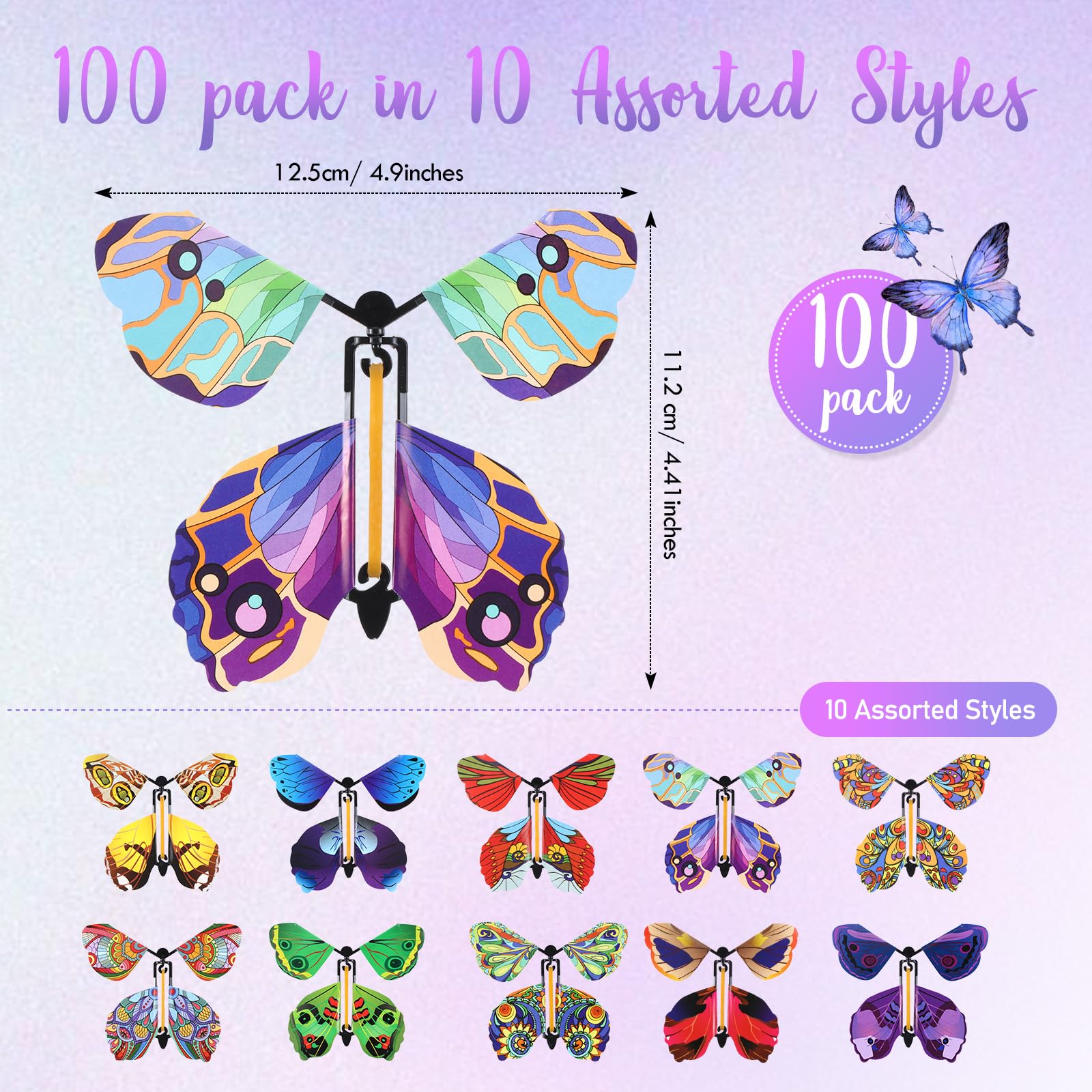 Lenwen 100 Pcs Magic Flying Butterfly Wind up Paper Butterflies That Fly Rubber Band Powered for Bookmark Card Surprise Gift Wedding Birthday Party 10 Styles, 4.41 x 4.92 Inch