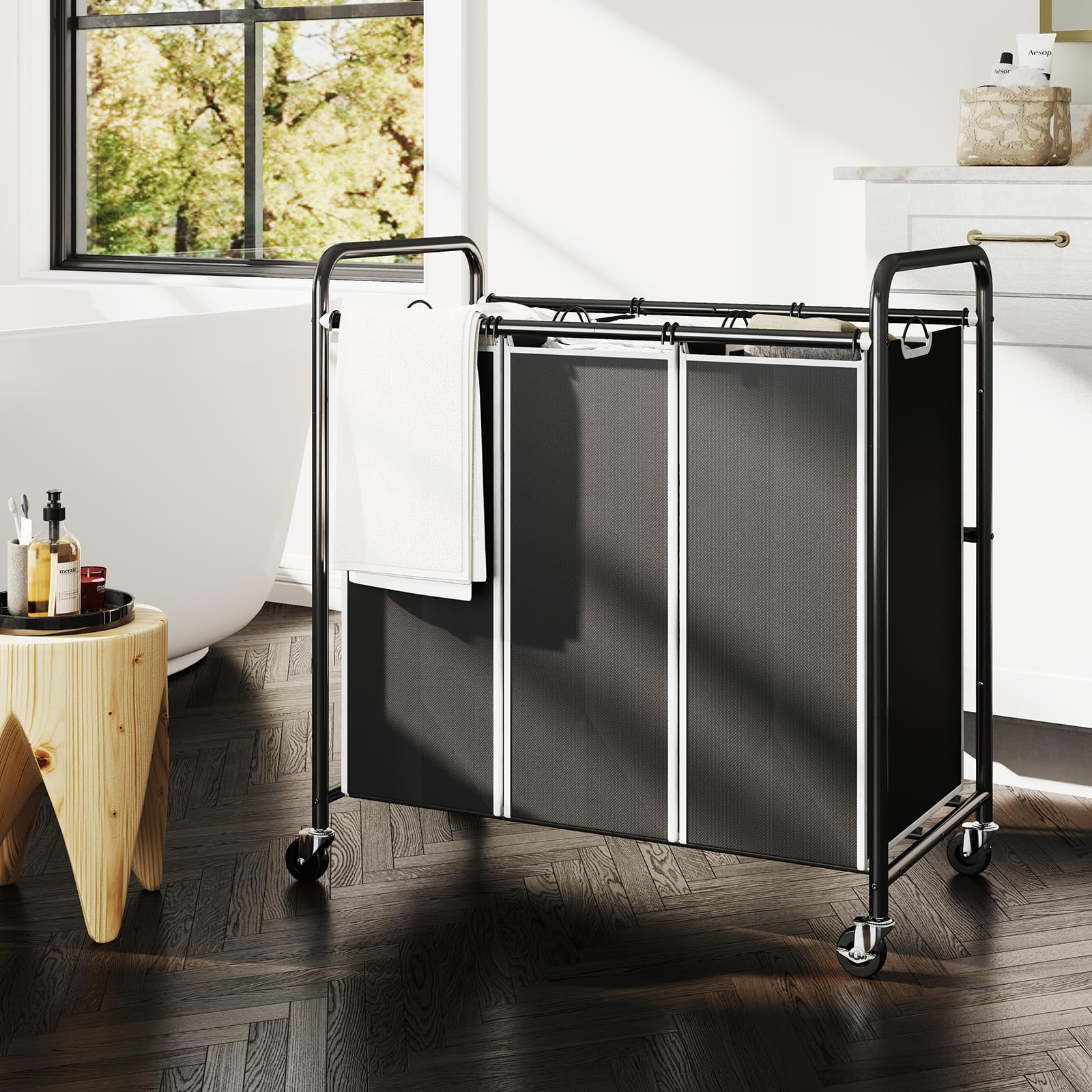 ROMOON Laundry Sorter 3 Section, Heavy-Duty Laundry Hamper with Lockable Wheels and Removable Bags, Rolling Laundry Basket Cart, Dirty clothes hampers for Family laundry, Black