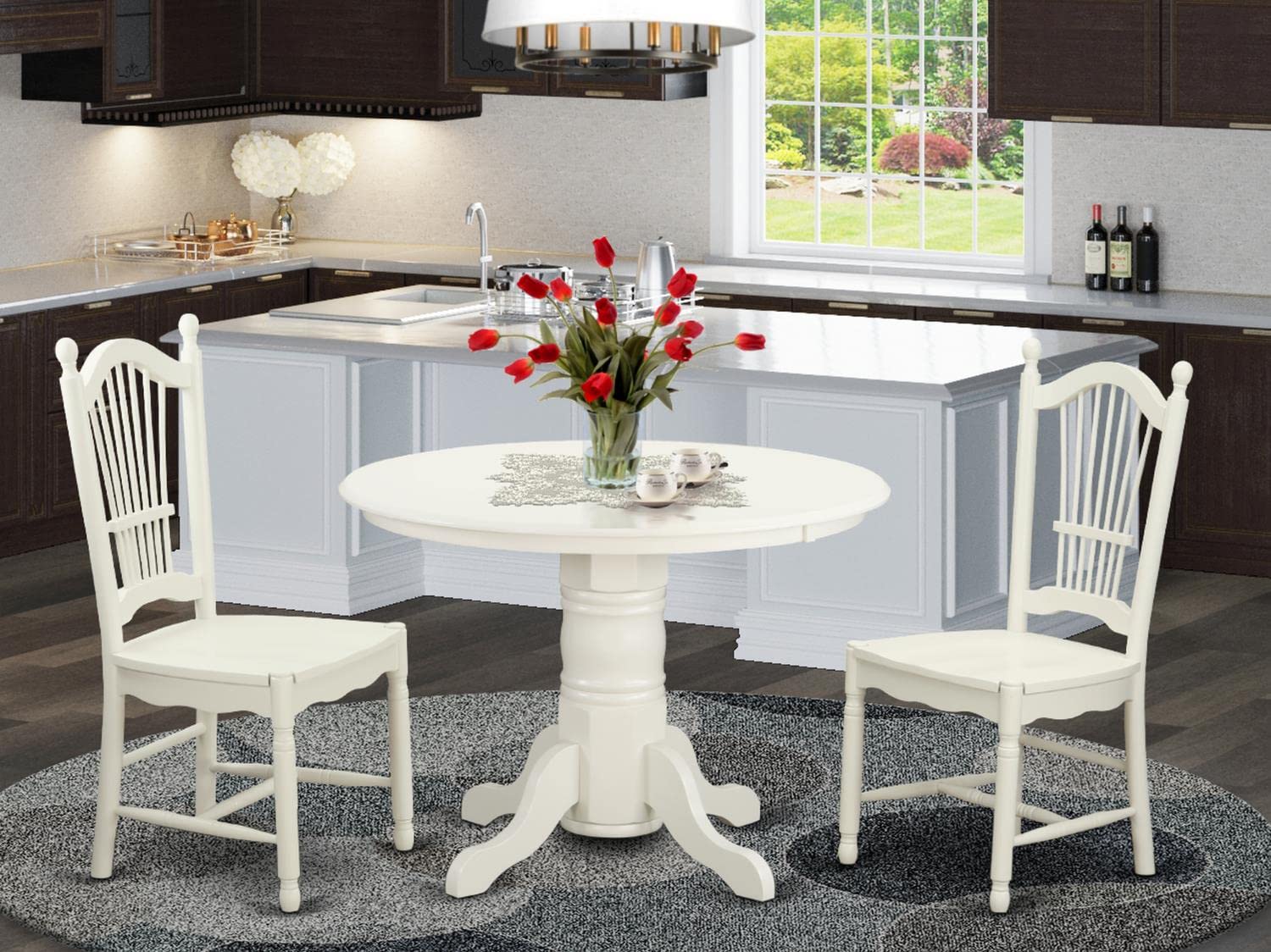 East West Furniture SHDO3-WHI-W 3 Piece Kitchen Table Set for Small Spaces Contains a Round Dining Room Table with Pedestal and 2 Dining Chairs, 42x42 Inch, Linen White