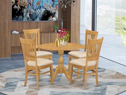 East West Furniture DMVA5-OAK-C 5 Piece Kitchen Table Set for 4 Includes a Round Dining Room Table with Dropleaf and 4 Linen Fabric Upholstered Dining Chairs, 42x42 Inch, Oak