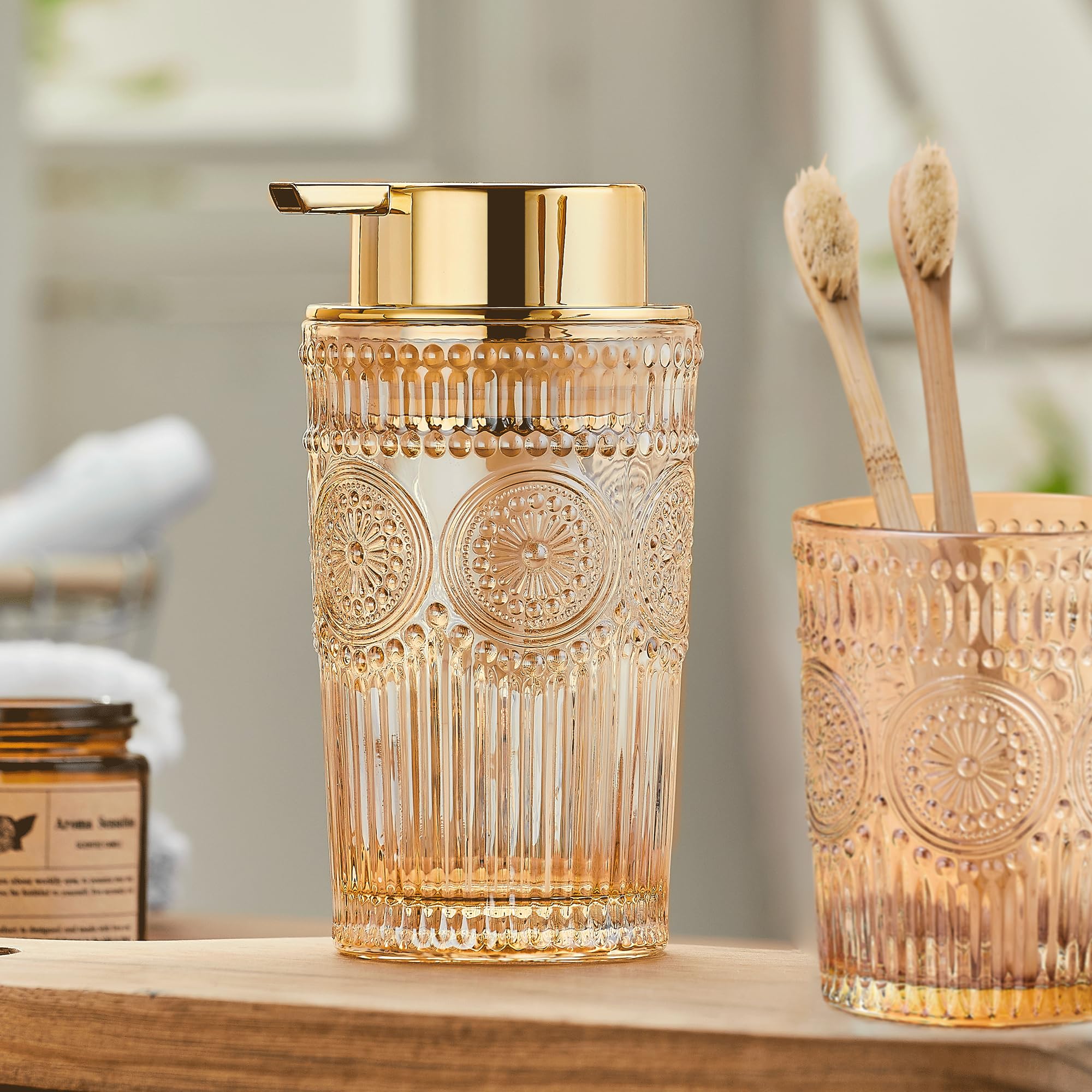 LEICURACE Foaming Hand Soap Dispenser,Glass Foam Soap Dispenser,Toothbrush Holder,Refillable Liquid Soap Dispenser,Lotion Dispenser (S-Gold-Foaming)