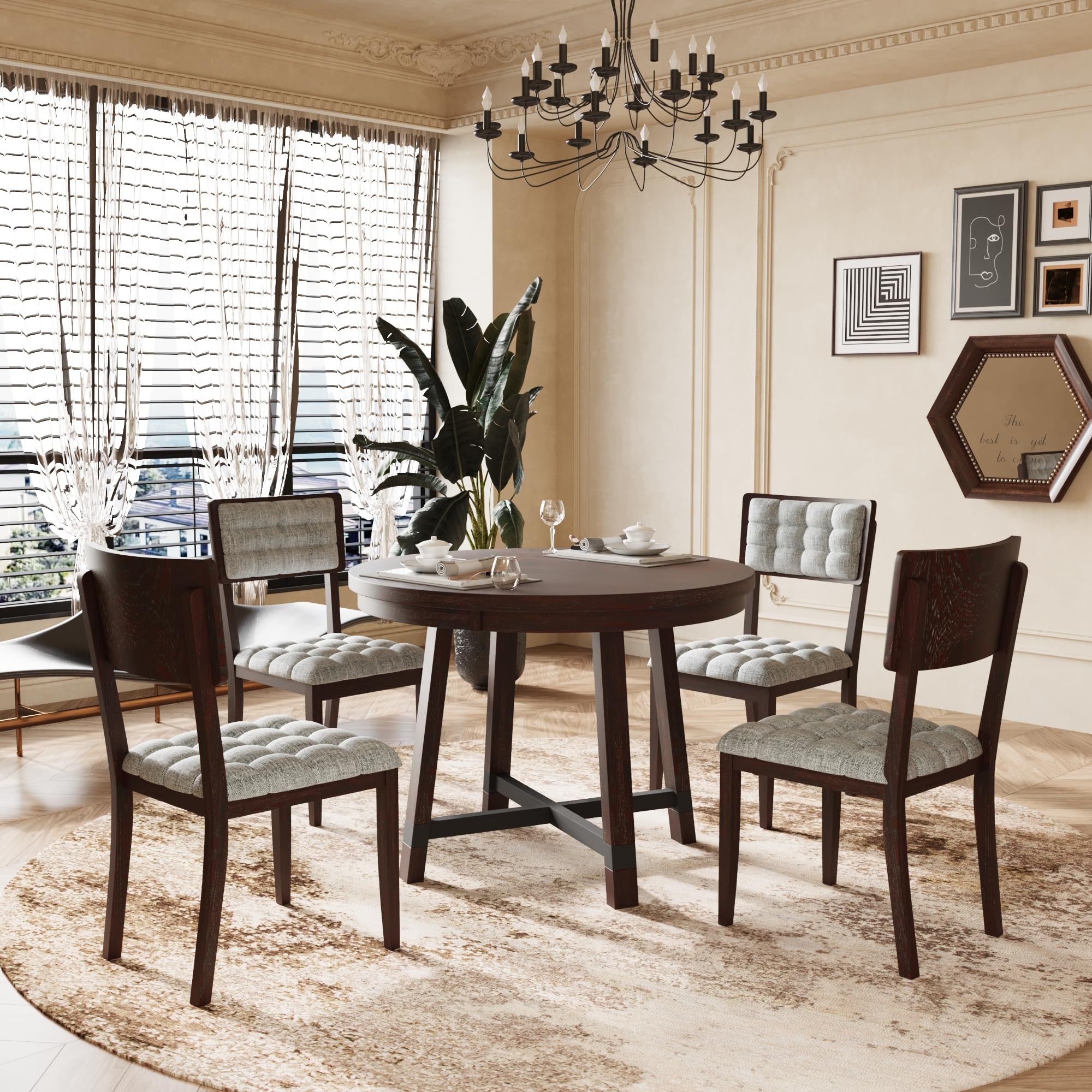 5-Piece Rustic Dining Table Set,42inch Round Dining Table with Cross Legs and Upholstered Dining Chairs for Small Places (Espresso/Rustic+R)