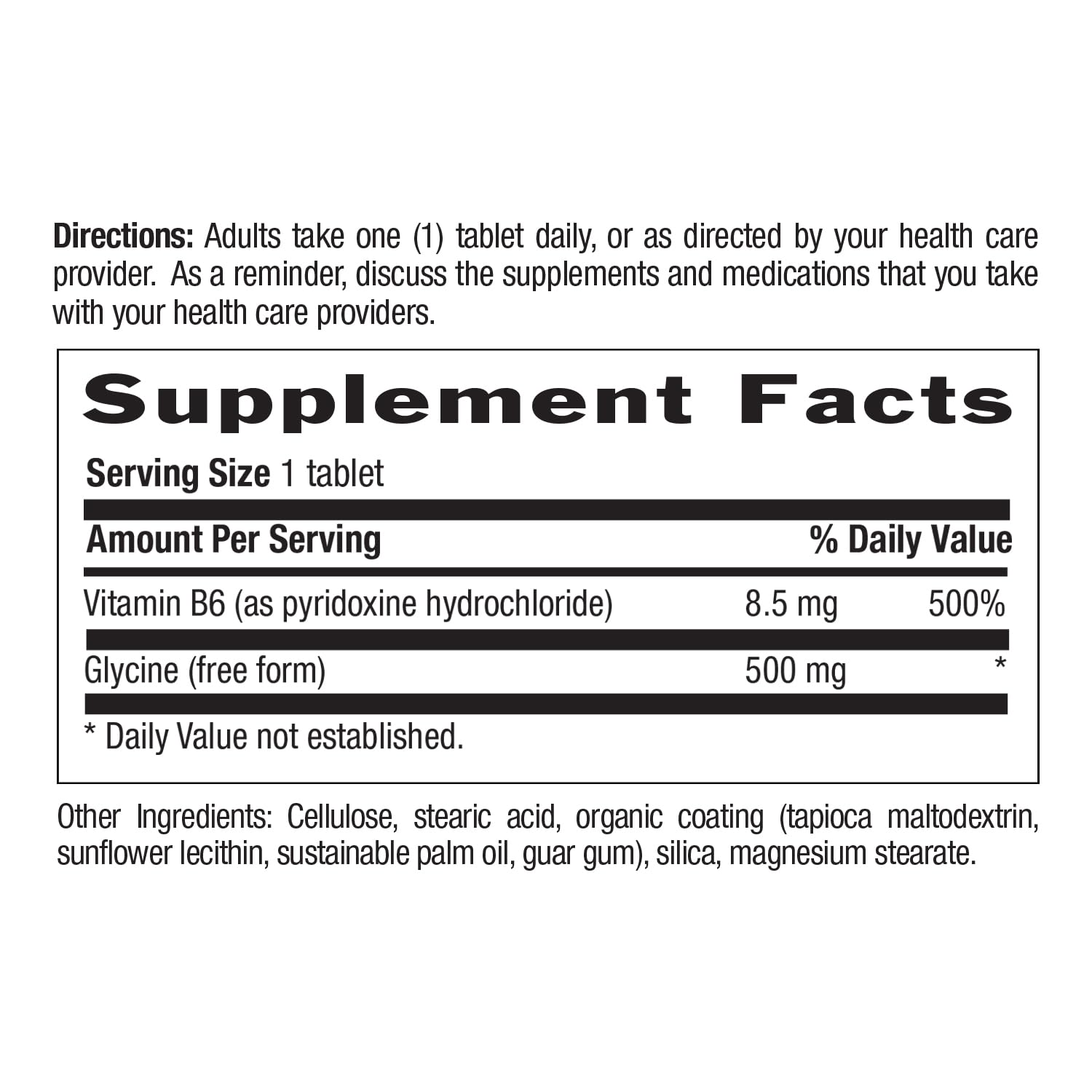 Country Life Glycine 500 mg with B-6, 100 Tablets, Certified Gluten Free, Certified Vegan