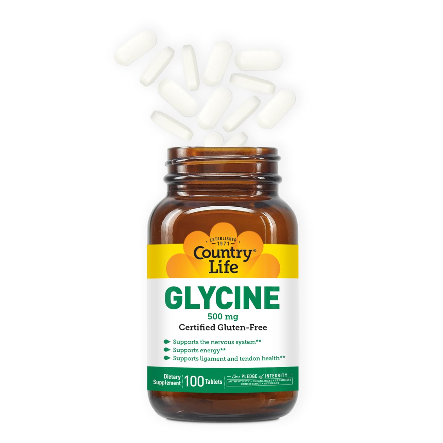 Country Life Glycine 500 mg with B-6, 100 Tablets, Certified Gluten Free, Certified Vegan