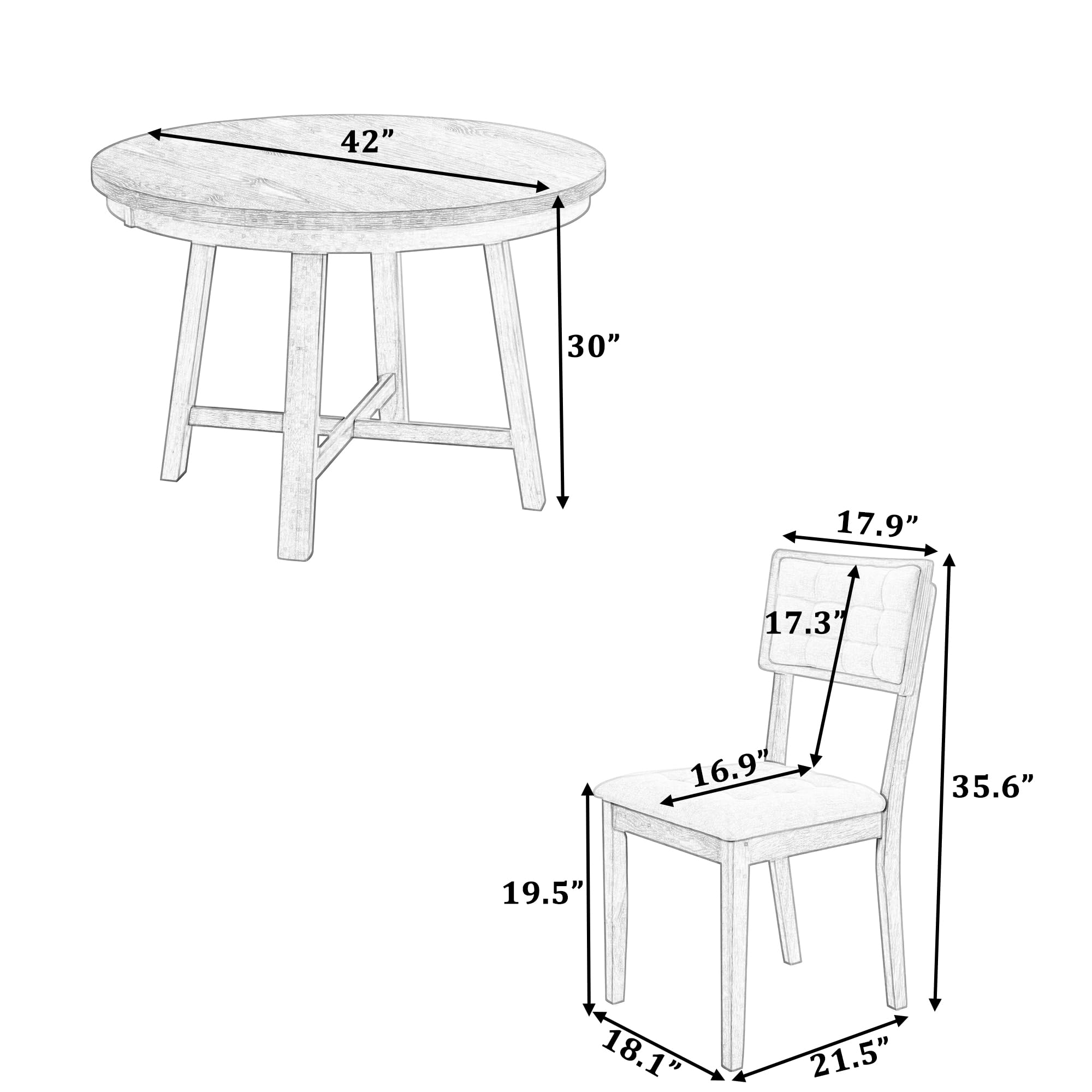 5-Piece Rustic Dining Table Set,42inch Round Dining Table with Cross Legs and Upholstered Dining Chairs for Small Places (Espresso/Rustic+R)