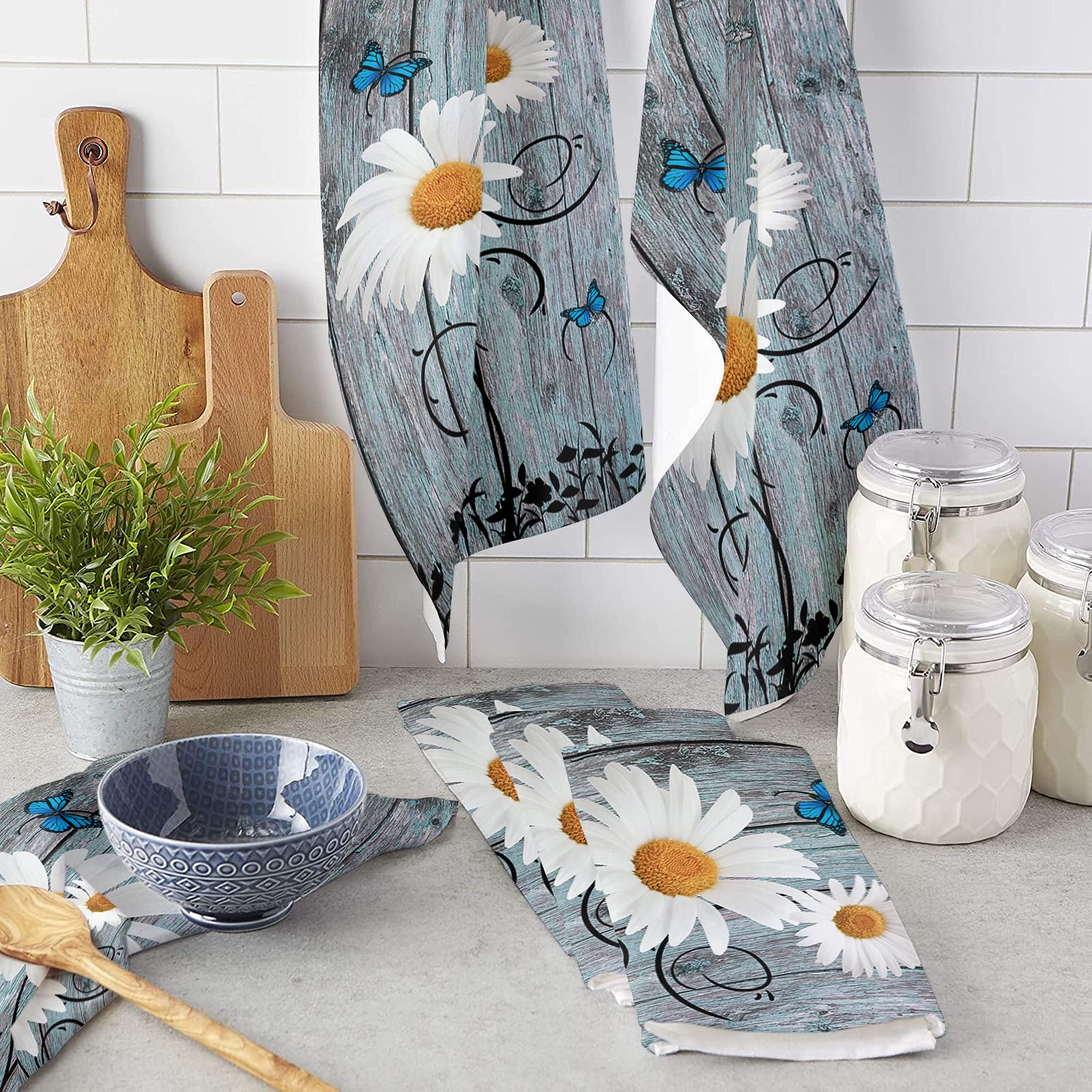 Big buy store Yellow Daisy Butterfly Floral Flowers Kitchen Dish Towels, Soft Lightweight Microfiber Absorbent Hand Towel Rustic Wood Plank Tea Towel for Kitchen Bathroom 18x28in