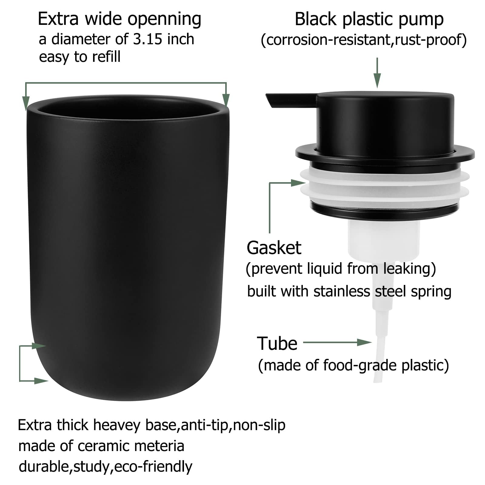rejomiik Foaming Soap Dispenser Thick Ceramic Foam Hand Soap Dispenser for Bathroom or Kitchen Sink, Liquid Pump Bottles for Hand soap, Body Wash, Black