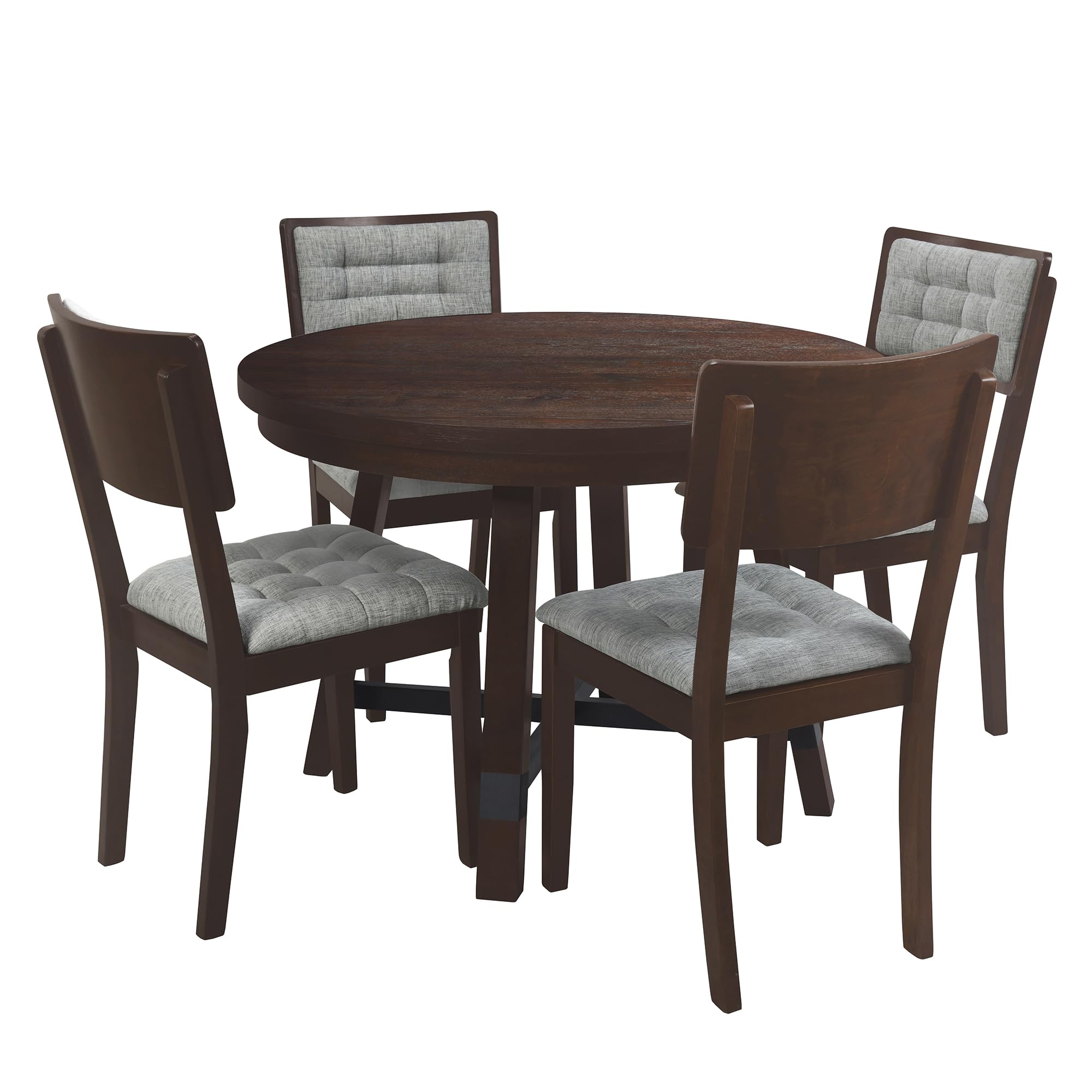 5-Piece Rustic Dining Table Set,42inch Round Dining Table with Cross Legs and Upholstered Dining Chairs for Small Places (Espresso/Rustic+R)
