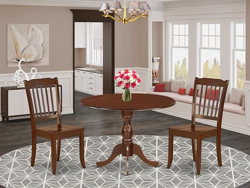 East West Furniture DMDA3-MAH-W 3 Piece Kitchen Table & Chairs Set Contains a Round Dining Room Table with Dropleaf and 2 Solid Wood Seat Chairs, 42x42 Inch, Mahogany