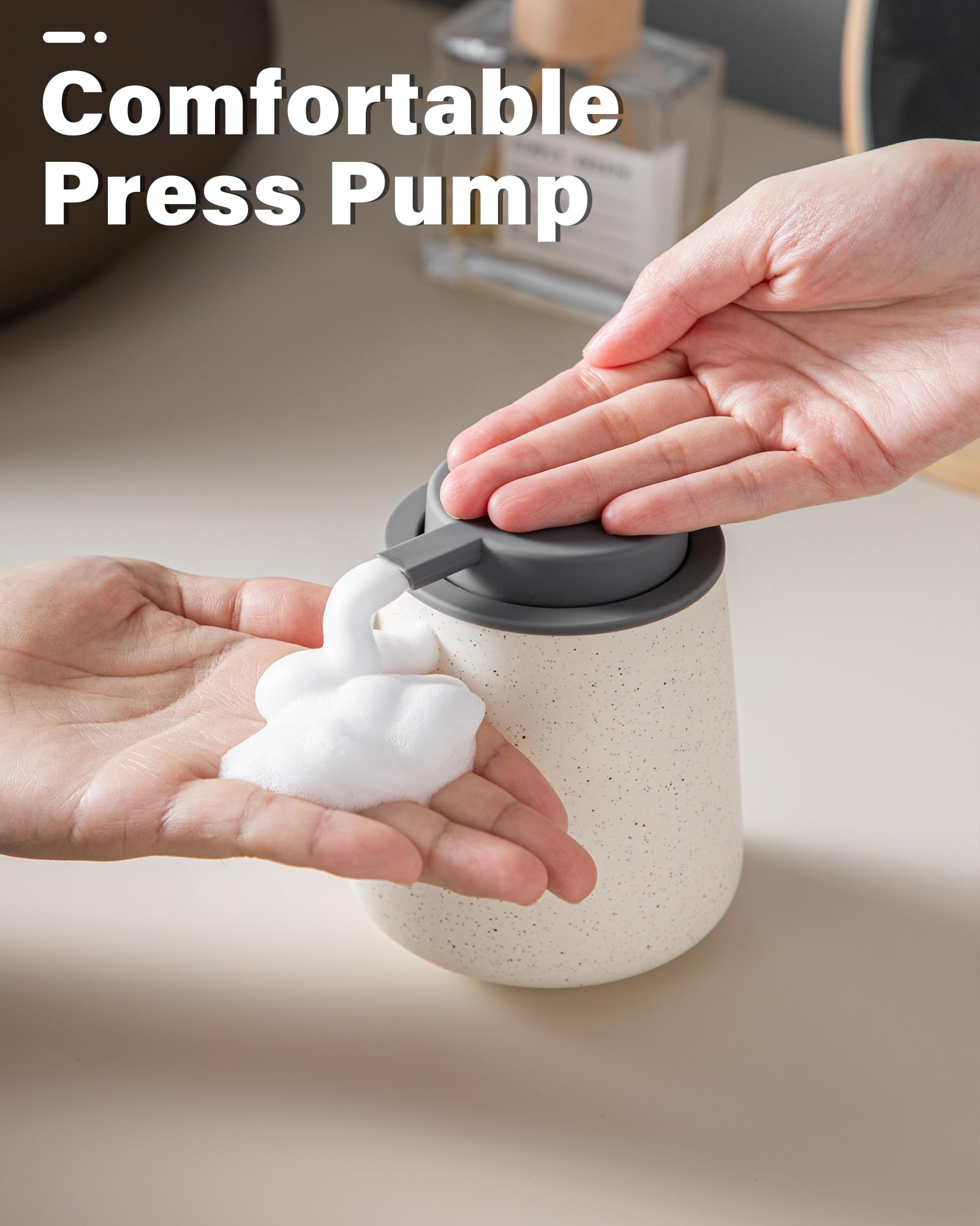 Foam Hand Soap Dispenser - 12 oz Bathroom Lotion Hand Pump Dispenser, Ceramic Foaming Soap Dispenser with Grey Removable Pump for Kitchen Hand Wash Dispenser, Speckled Matte Beige