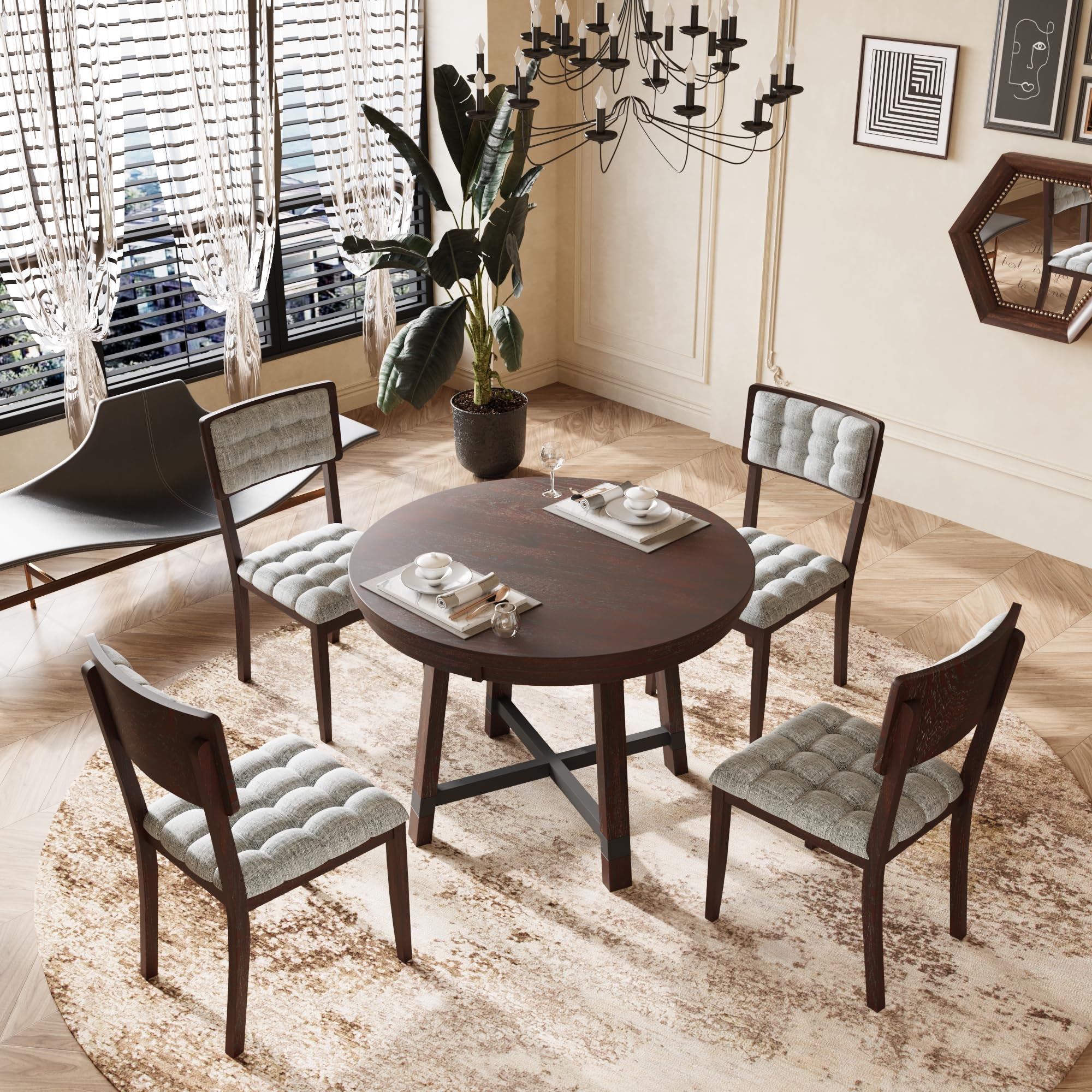 5-Piece Rustic Dining Table Set,42inch Round Dining Table with Cross Legs and Upholstered Dining Chairs for Small Places (Espresso/Rustic+R)