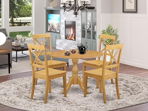 East West Furniture DMBO5-OAK-W 5 Piece Kitchen Table & Chairs Set Includes a Round Dining Table with Dropleaf and 4 Dining Room Chairs, 42x42 Inch, Oak