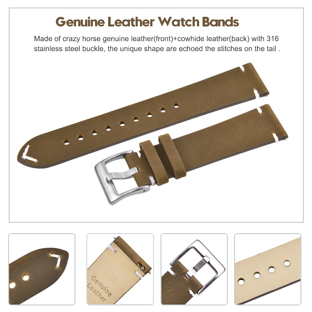 18mm Classic Genuine Leather Watch Bands Quick Release Vintage Leather Watch Straps Compatible with Seiko Watch for Men, White Elephant Gifts, Stocking Stuffers for Men