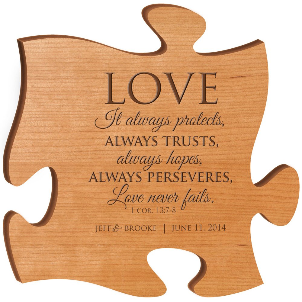 LifeSong Milestones Personalized Wedding Gifts for Couple and Home Love It Always Protects, Always Trusts, Always Hopes, Always Perseveres, Love Never Fails 1 Cor. 13 7-8 Made in USA from (Cherry)