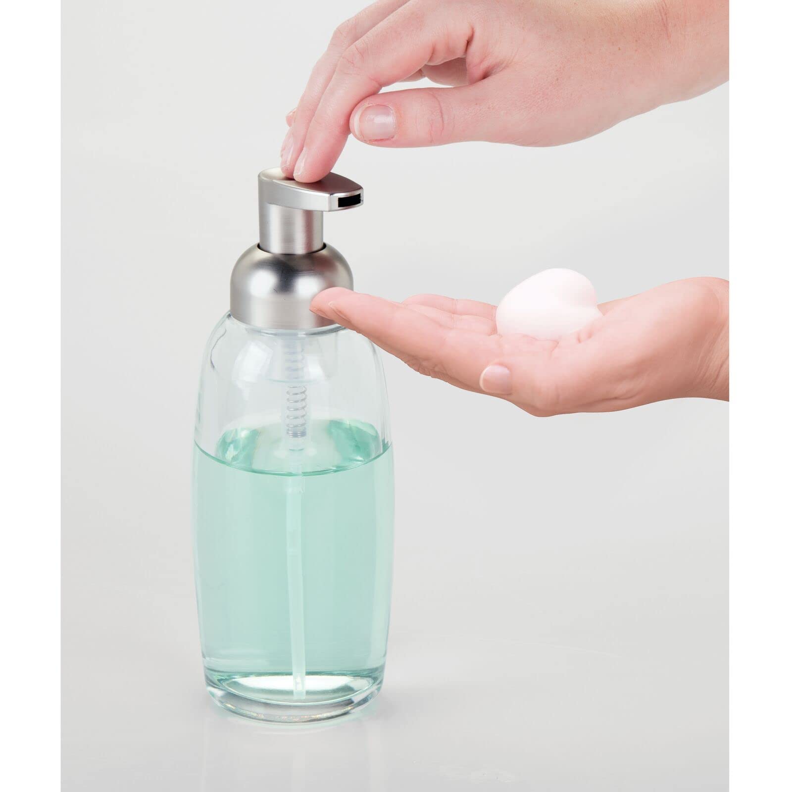 mDesign Modern Glass Refillable Foaming Soap Dispenser Pump Bottle for Bathroom Vanity Countertop, Kitchen Sink - Save on Soap - Vintage-Inspired, Compact Design - 2 Pack - Clear/Brushed
