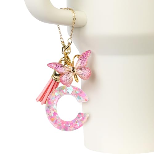 Vmini Letter Charms Accessories for Stanley Cup with Handle, Pink Initial Charm for Bogg Bag, Cute Keychain Handle Charm Decor for Stanley & HydroJug & Brumate Tumbler with Pink Butterfly & Tassel (C)