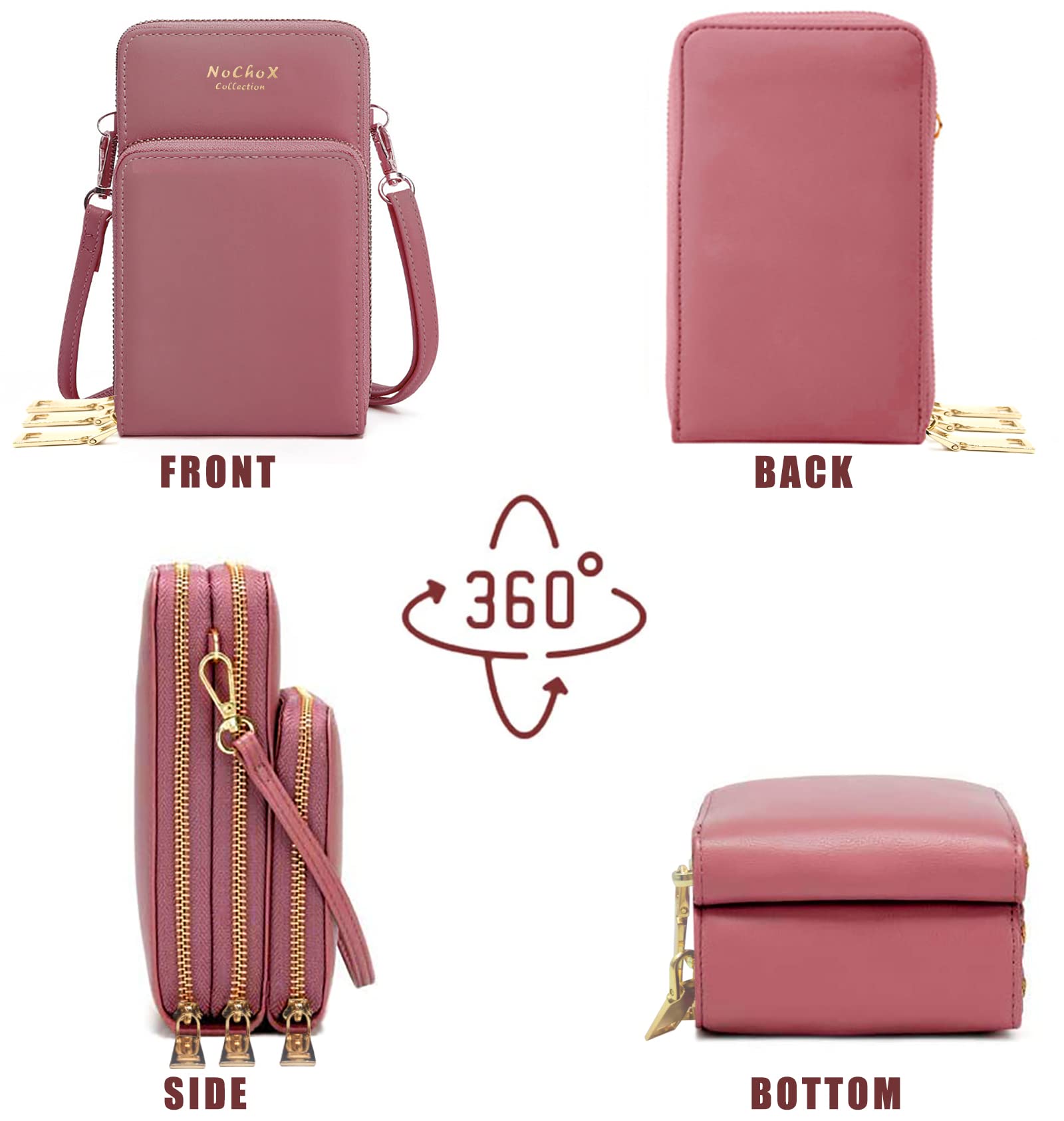 NoChoX Small Crossbody Bags for Women, RFID Blocking Phone Purses, Shoulder Handbags with Credit Card Slots, Adjustable Strap, Pink