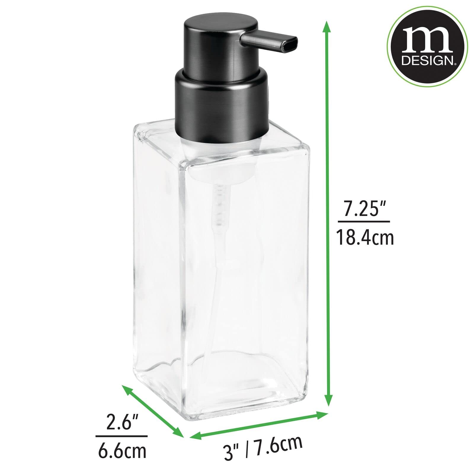 mDesign Glass Refillable Foaming Hand Soap Dispenser Modern Square Pump Bottle for Bathroom Vanities or Kitchen Sink, Countertops - 2 Pack - Clear/Black