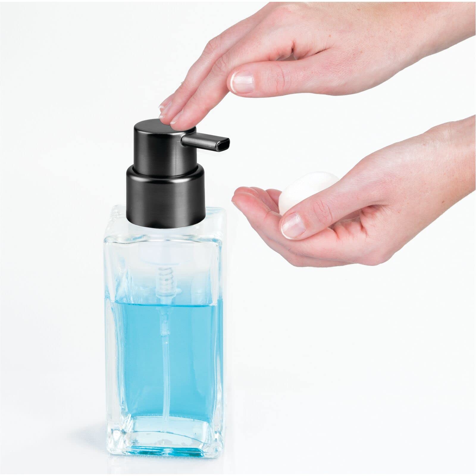 mDesign Glass Refillable Foaming Hand Soap Dispenser Modern Square Pump Bottle for Bathroom Vanities or Kitchen Sink, Countertops - 2 Pack - Clear/Black