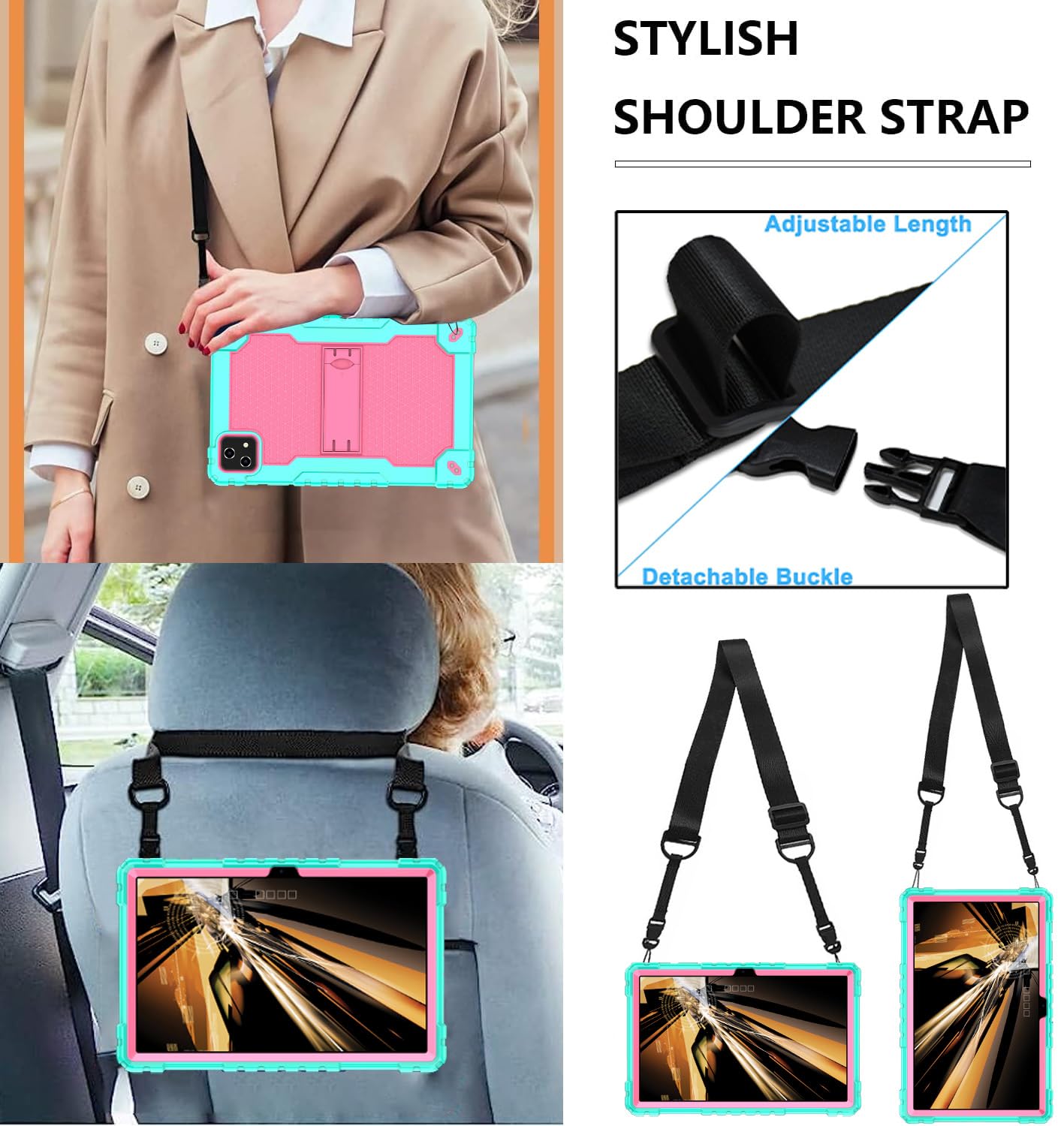 Doemoil for T-Mobile Revvl Tab 5G Tablet 10.36 inch 2023 Case with Kickstand, Tempered Glass & Shoulder Strap (Green+Pink/2 Pcs)