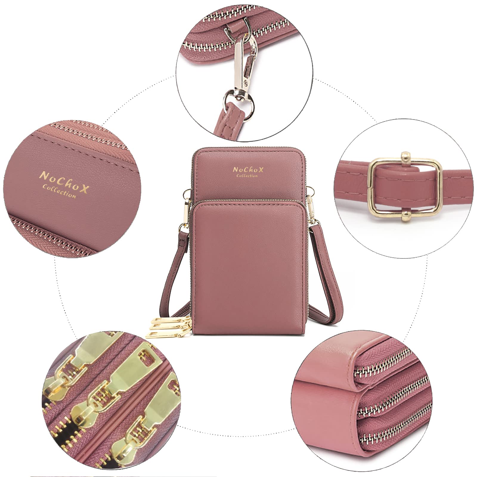 NoChoX Small Crossbody Bags for Women, RFID Blocking Phone Purses, Shoulder Handbags with Credit Card Slots, Adjustable Strap, Pink