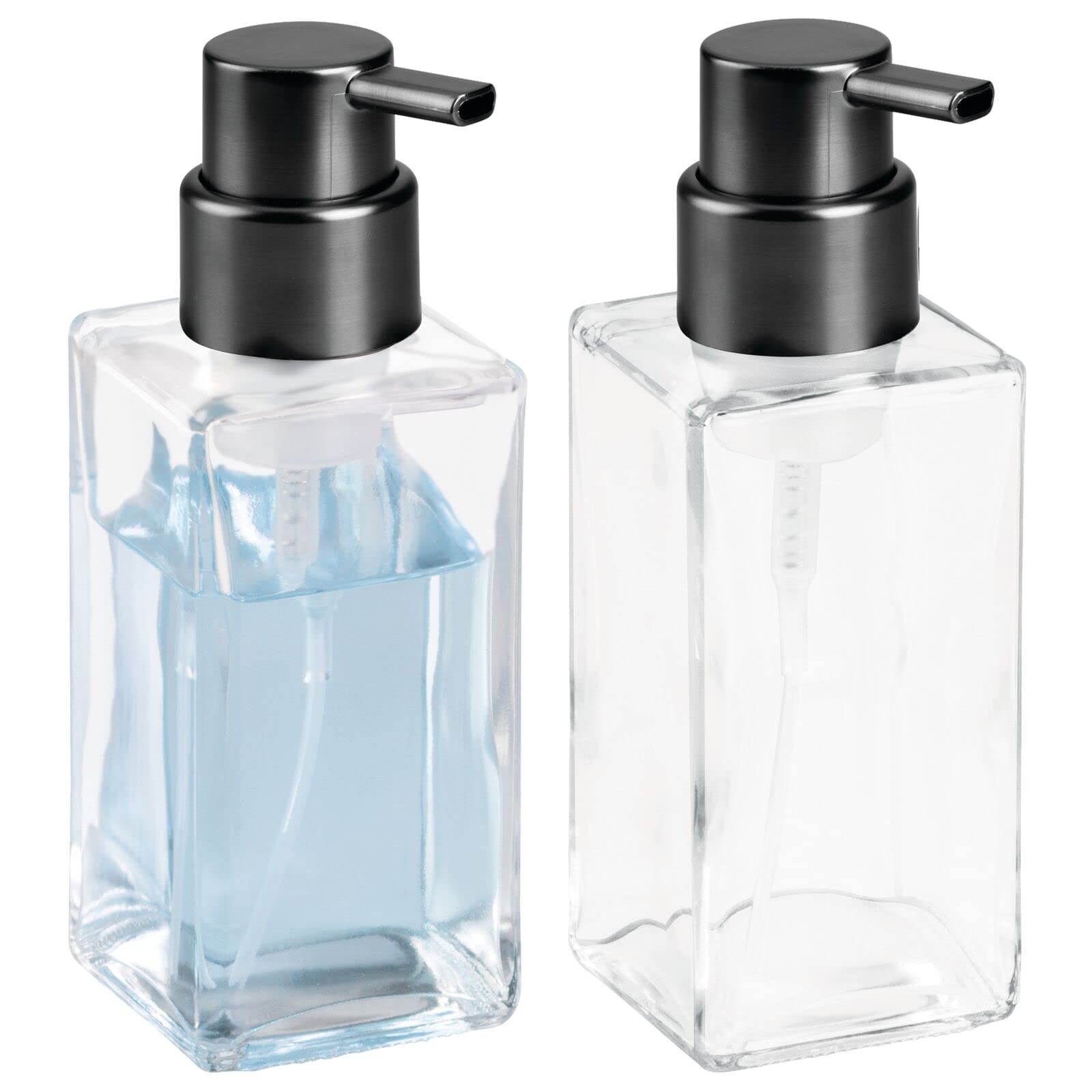 mDesign Glass Refillable Foaming Hand Soap Dispenser Modern Square Pump Bottle for Bathroom Vanities or Kitchen Sink, Countertops - 2 Pack - Clear/Black