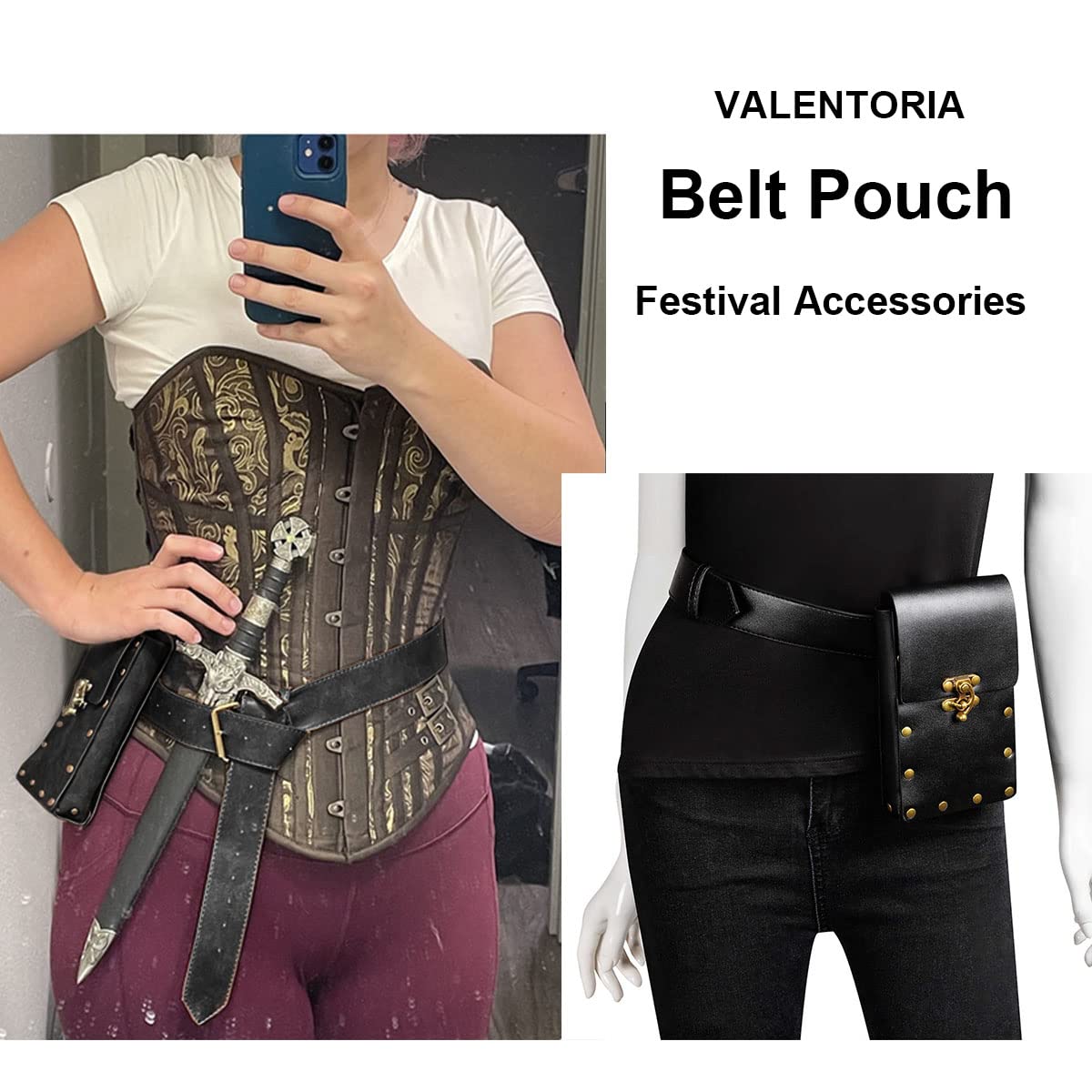 Cellphone Holder Retro Belt Pouch Waist Bag Fanny Pack Steampunk Medieval Renaissance Purse Halloween Costume Accessory (Black)