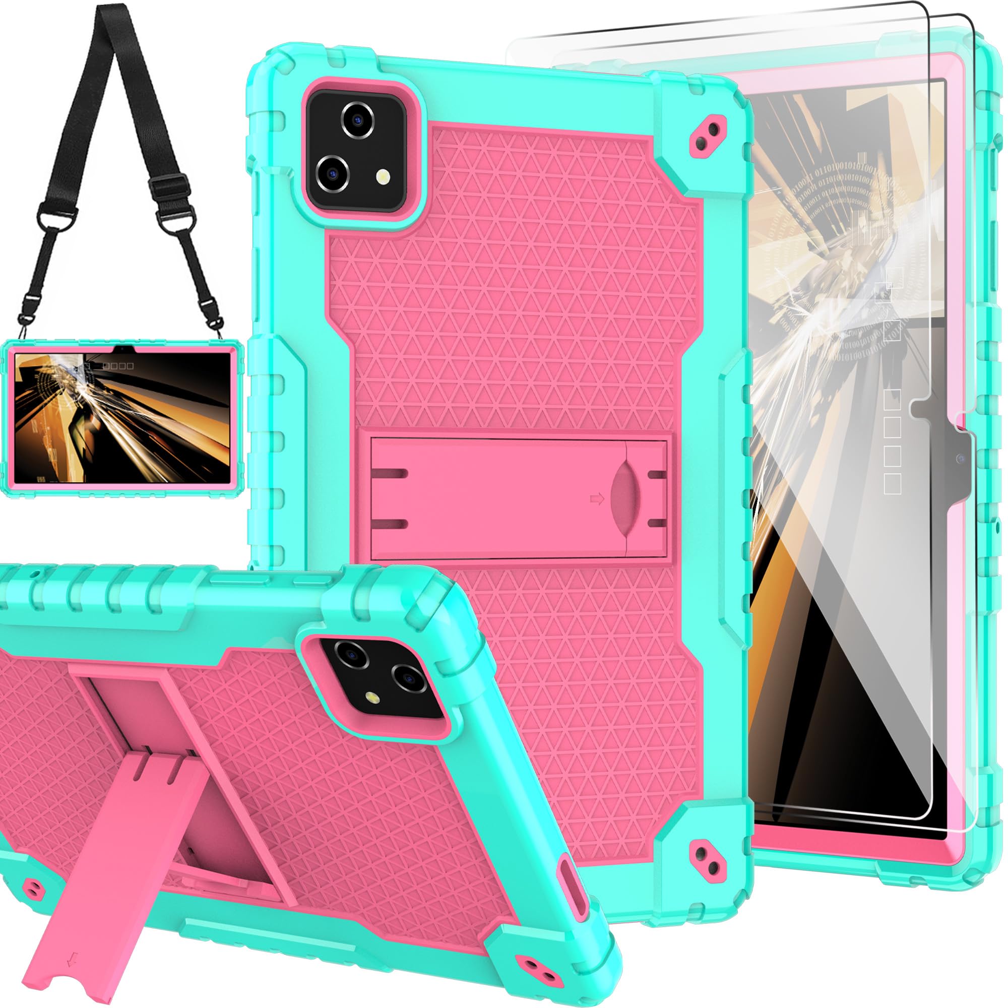 Doemoil for T-Mobile Revvl Tab 5G Tablet 10.36 inch 2023 Case with Kickstand, Tempered Glass & Shoulder Strap (Green+Pink/2 Pcs)