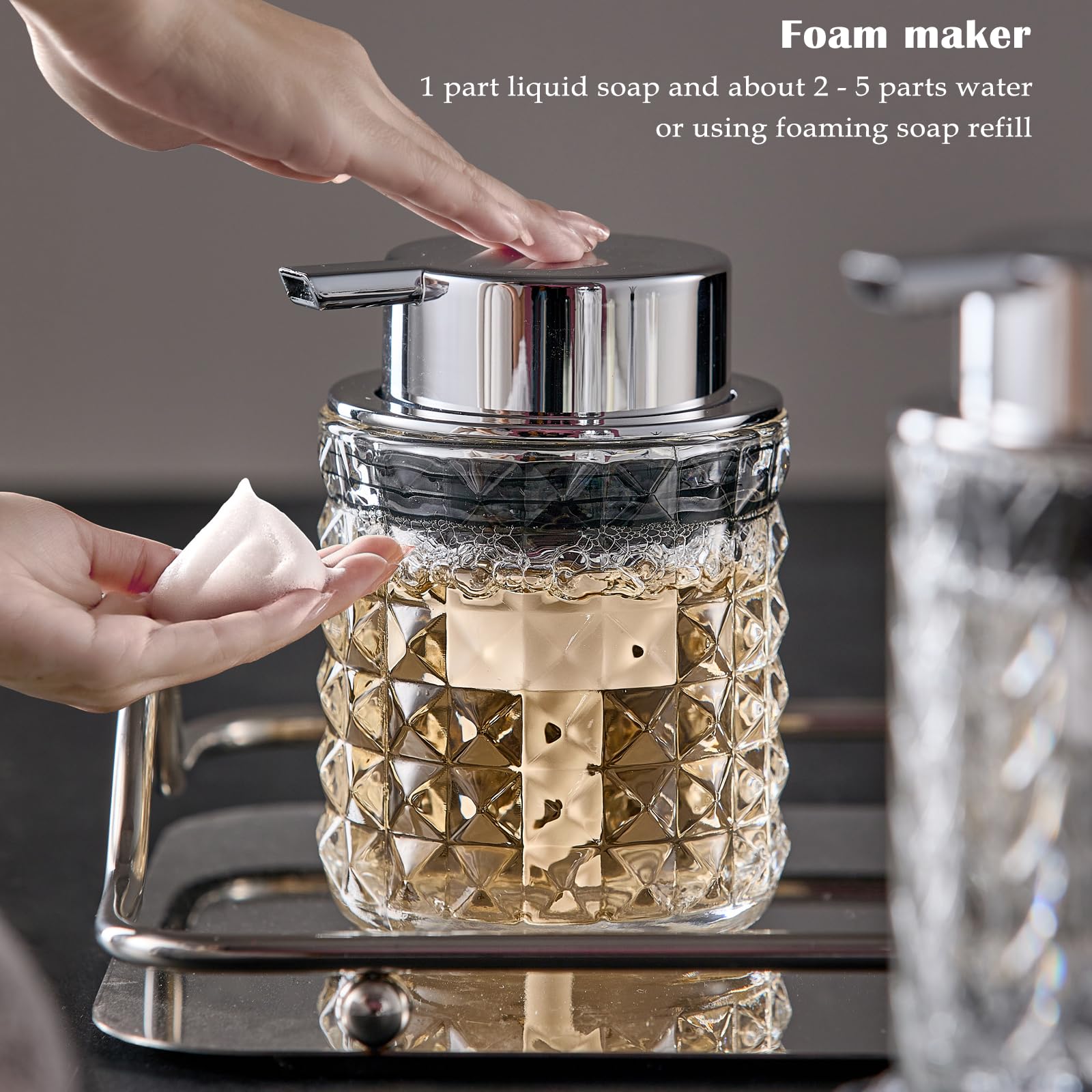 CICUFY Foaming Hand Soap Dispenser, Glass Foam Soap Dispenser or Lotion Dispenser for Kitchen & Bathroom Refillable Clear Glass Liquid soap Dispenser with Large Silver Pump-1 Pack