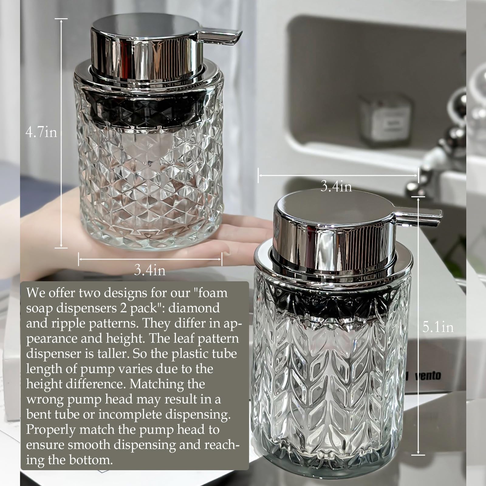 CICUFY Foaming Hand Soap Dispenser, Glass Foam Soap Dispenser or Lotion Dispenser for Kitchen & Bathroom Refillable Clear Glass Liquid soap Dispenser with Large Silver Pump-1 Pack