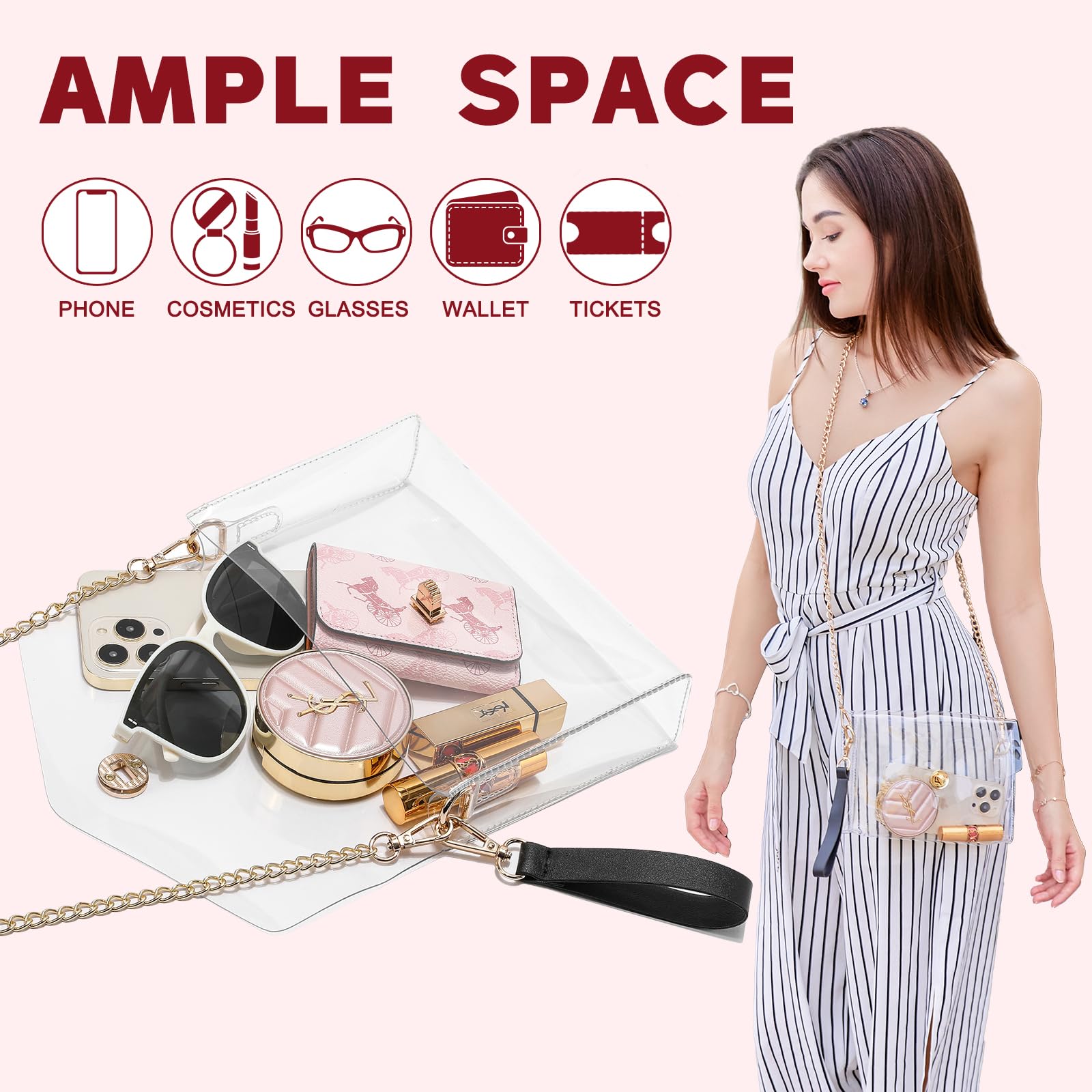 YikuStyle Clear Purse Stadium Approved,Small Clear Crossbody Bag for Women,See Through Handbag Clutch Shoulder Bag(Gold Chain)
