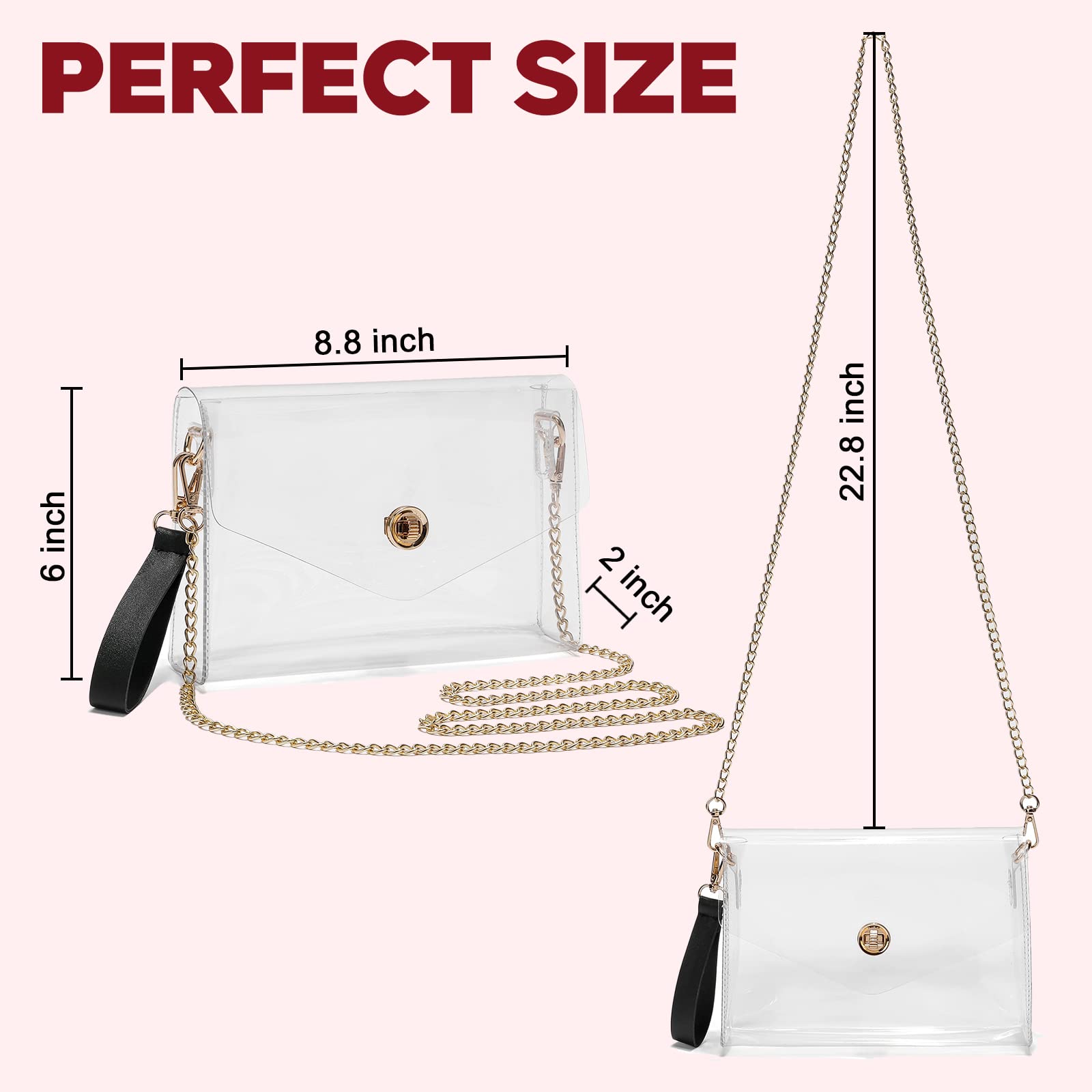 YikuStyle Clear Purse Stadium Approved,Small Clear Crossbody Bag for Women,See Through Handbag Clutch Shoulder Bag(Gold Chain)