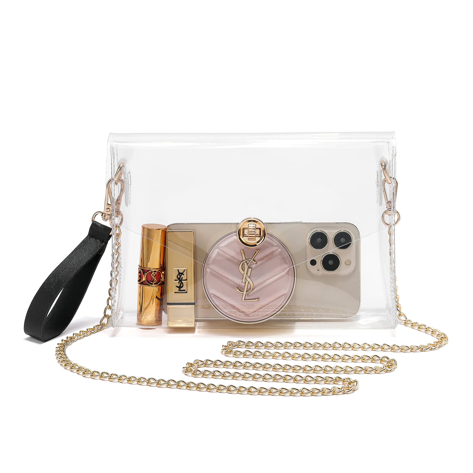 YikuStyle Clear Purse Stadium Approved,Small Clear Crossbody Bag for Women,See Through Handbag Clutch Shoulder Bag(Gold Chain)