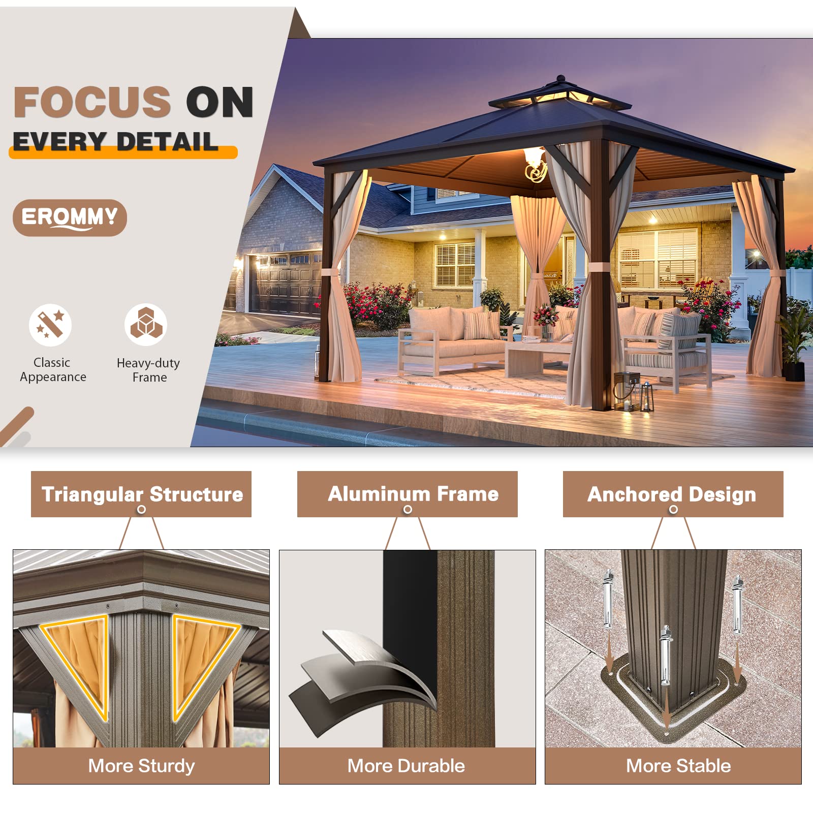 EROMMY 12' x 12' Gazebo, Outdoor Galvanized Steel Roof Hardtop Canopy with Aluminum Frame, Permanent Metal Pavilion with Netting and Curtains, for Patio Backyard Deck and Lawns