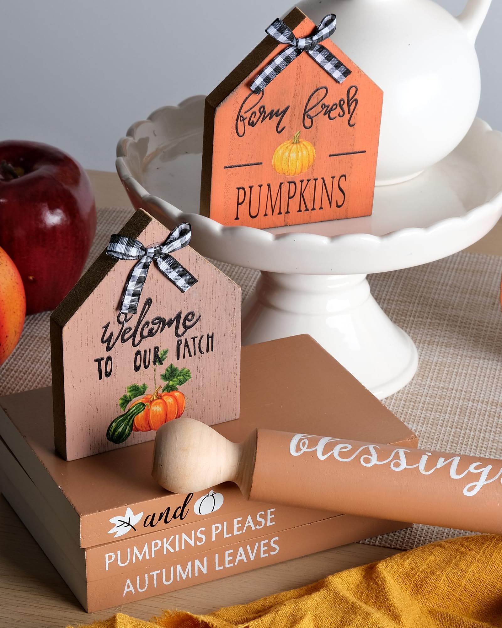 DN DECONATION 8 Pcs Fall Tiered Tray Decor Set,Fall Decorations for Home,Wooden Pumpkin Decoration, Thanksgiving Wooden Table Signs,Fall Book Stack Decor,Home, Table, Farmhouse, Gifts