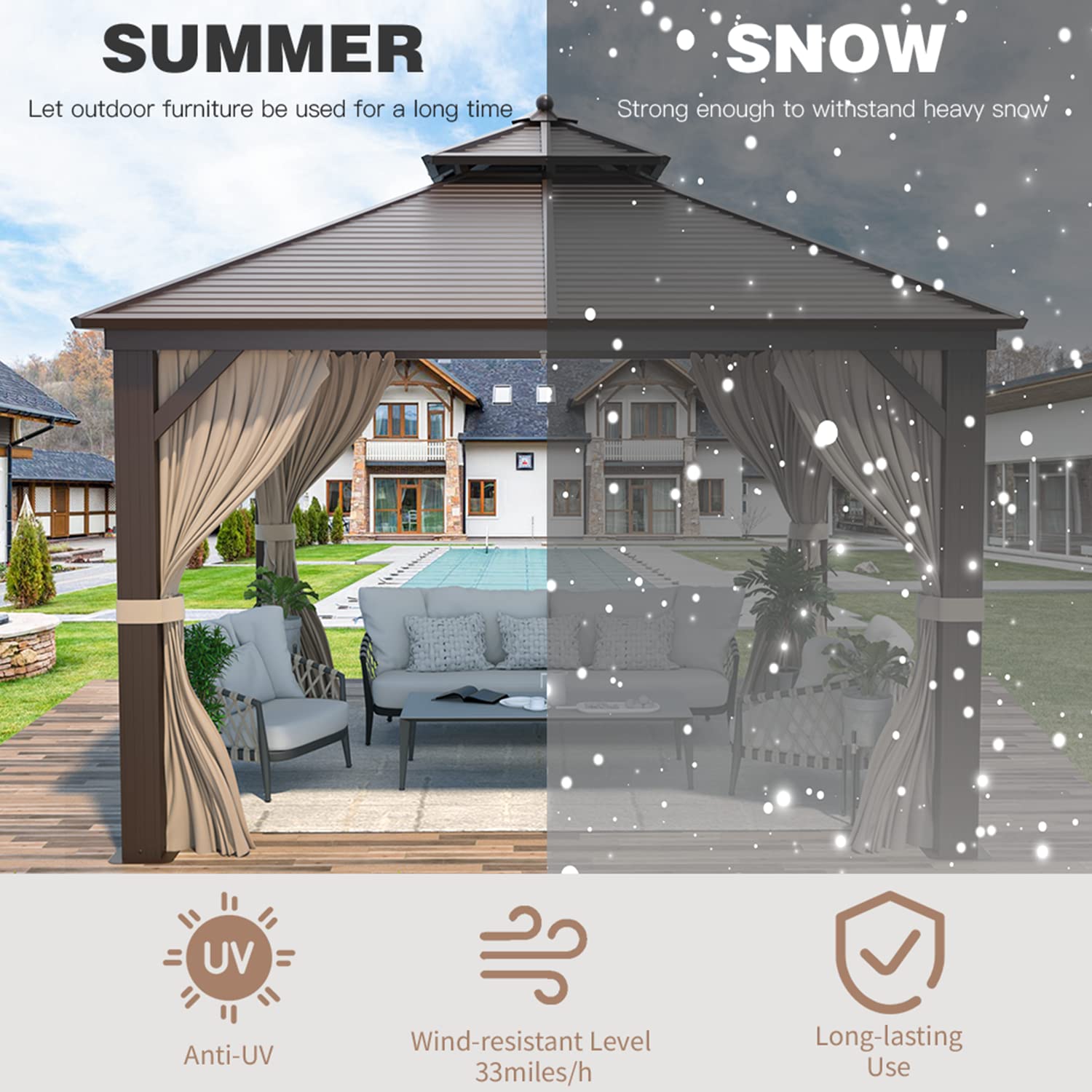 EROMMY 12' x 12' Gazebo, Outdoor Galvanized Steel Roof Hardtop Canopy with Aluminum Frame, Permanent Metal Pavilion with Netting and Curtains, for Patio Backyard Deck and Lawns