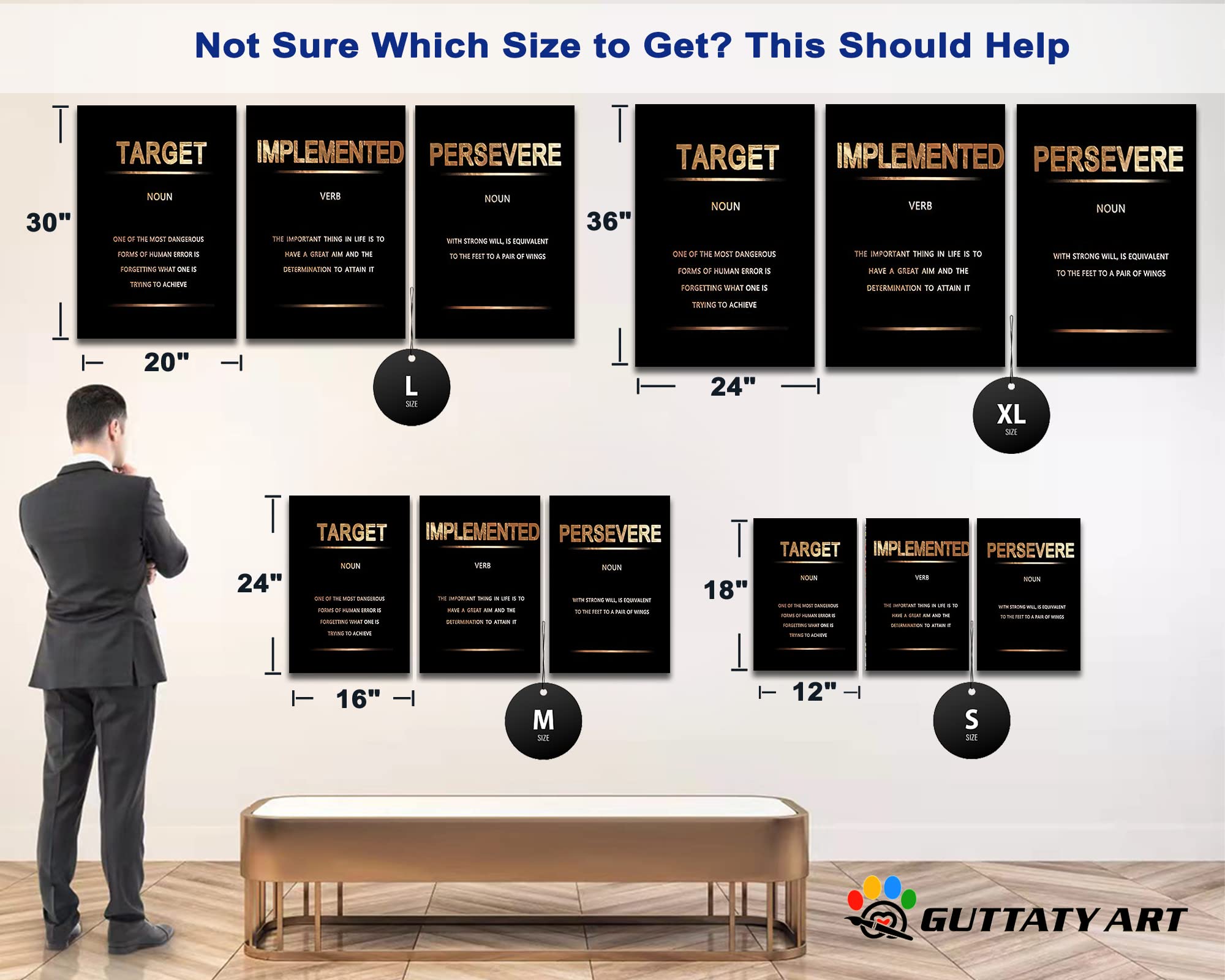 3-Panel Motivational Wall Art for Office, Inspirational Quotes Canvas Art for Home Office Wall Decor, Persevere-Implemented-Target Inspiring Affirmations Positive Words for Company Decor(12โx18โx3Pcs)