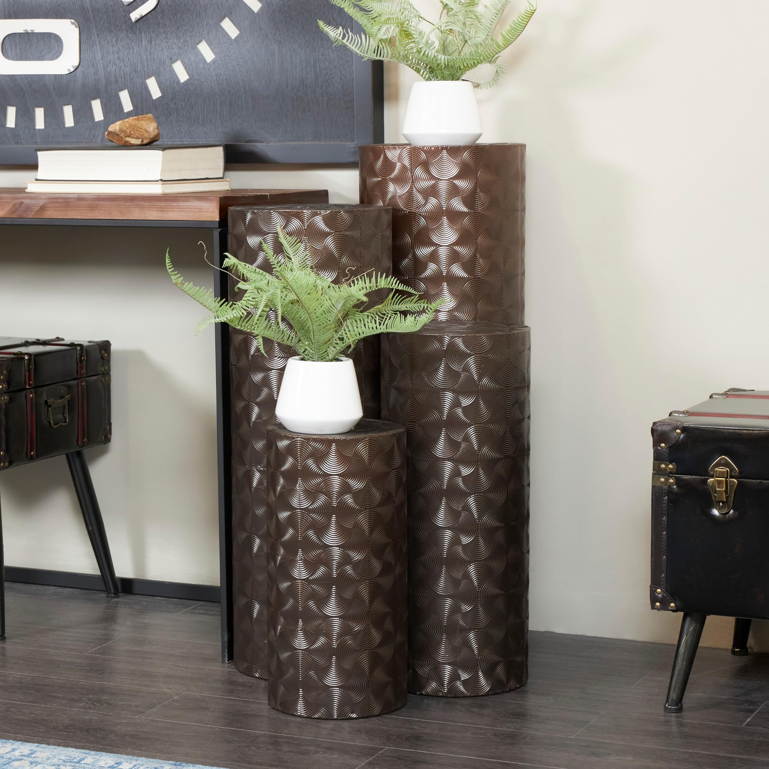 Brown Metal Tall Slim Abstract Pedestal Table with Grooved Shell Design (Set of 4) Silver Industrial Iron