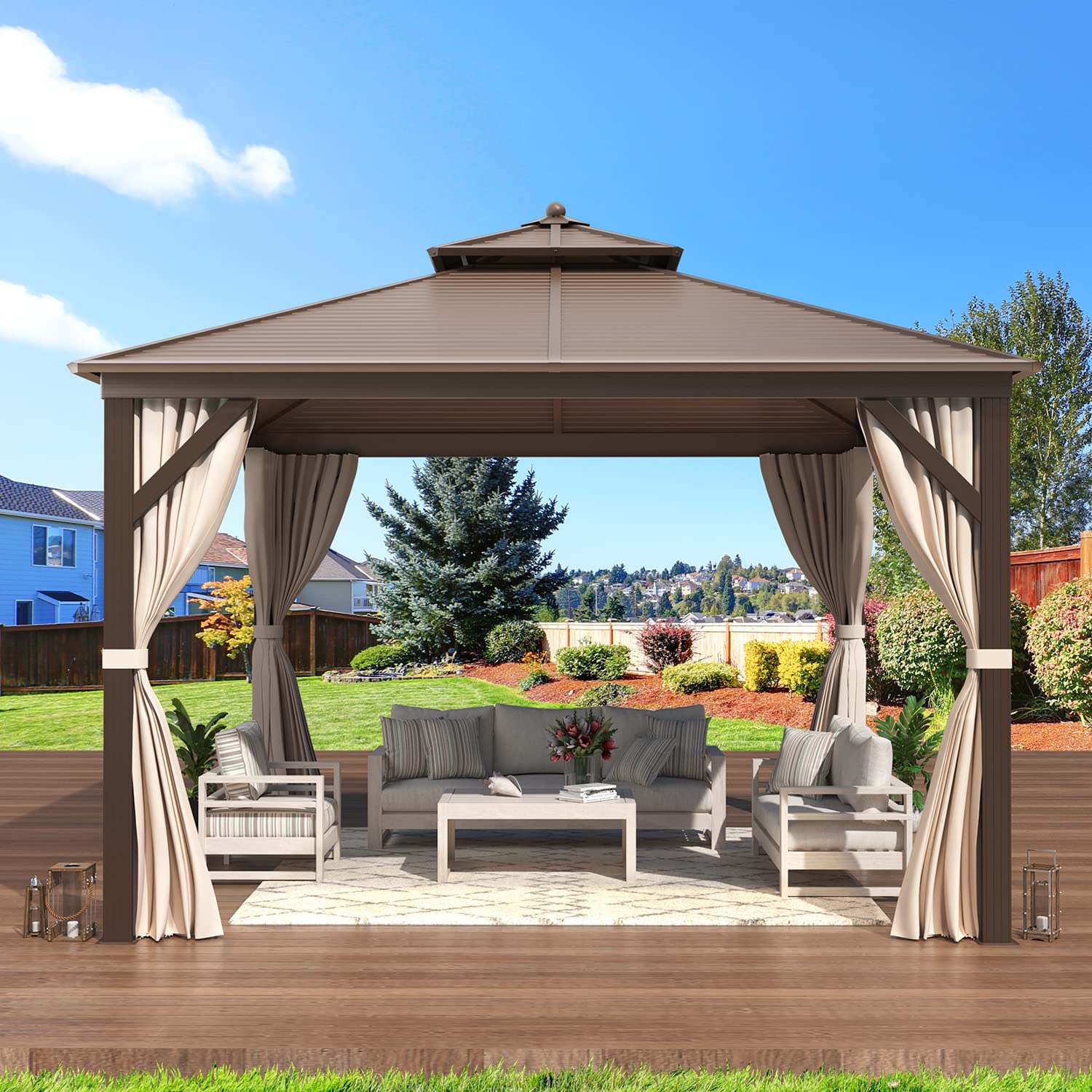 EROMMY 12' x 12' Gazebo, Outdoor Galvanized Steel Roof Hardtop Canopy with Aluminum Frame, Permanent Metal Pavilion with Netting and Curtains, for Patio Backyard Deck and Lawns