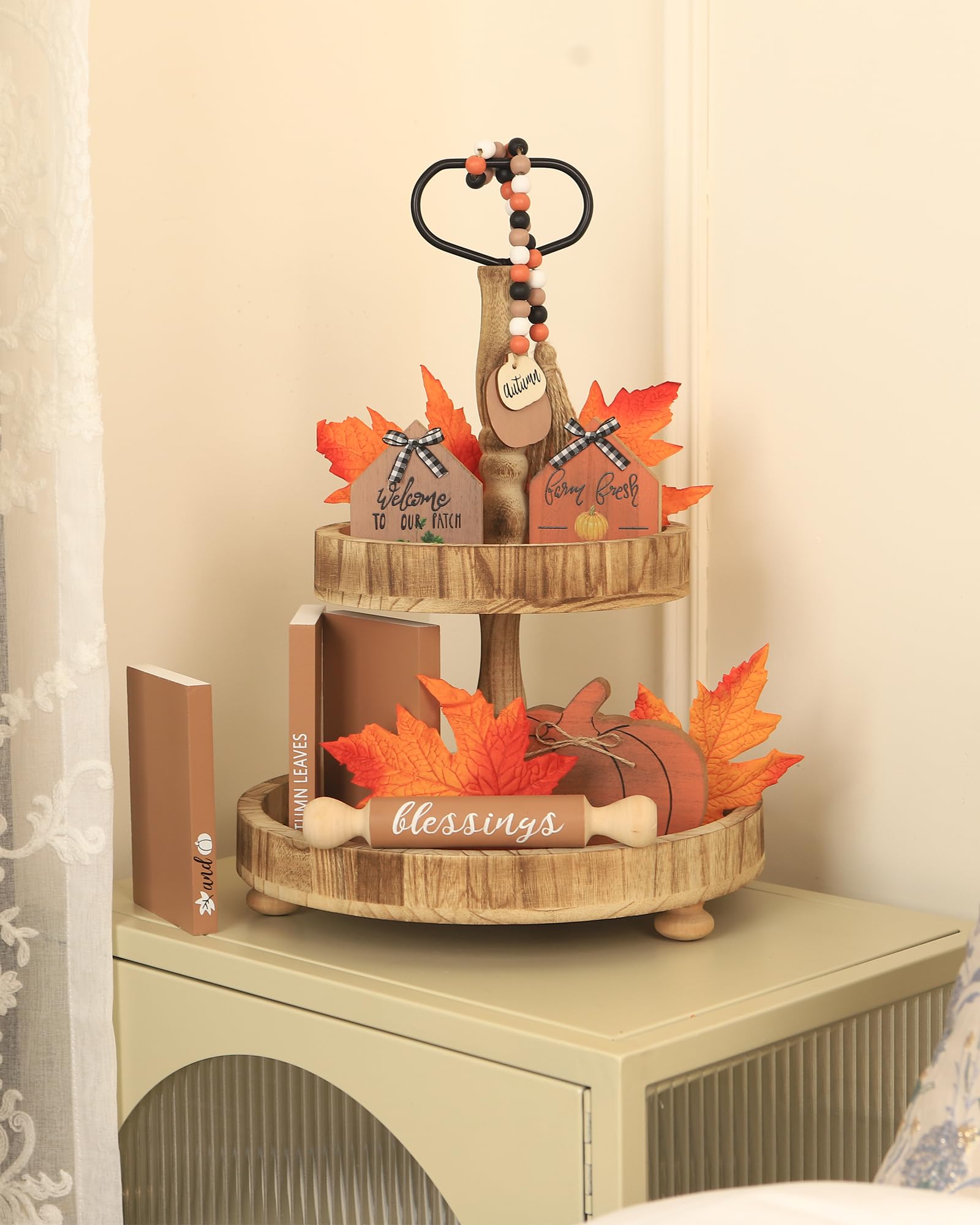 DN DECONATION 8 Pcs Fall Tiered Tray Decor Set,Fall Decorations for Home,Wooden Pumpkin Decoration, Thanksgiving Wooden Table Signs,Fall Book Stack Decor,Home, Table, Farmhouse, Gifts