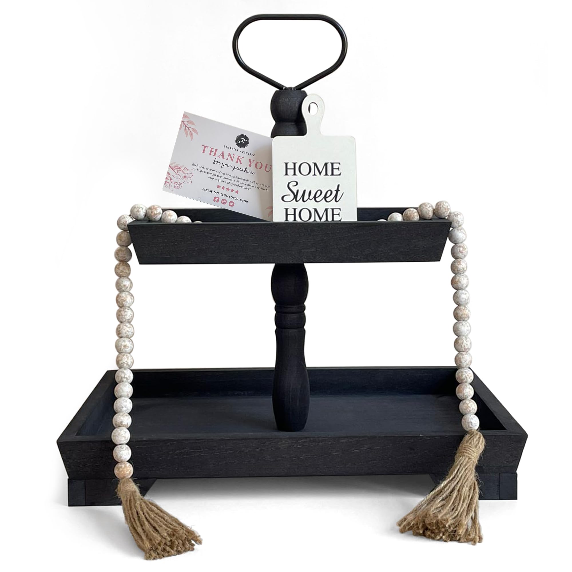 Pine Wood Tiered Tray - 2 Tier Tray - Farmhouse Tiered Tray - Two Tiered Tray - Island Decorations for Kitchen - 2 Tiered Tray Stand with 39" Beads and Home Sweet Home Sign (Black)