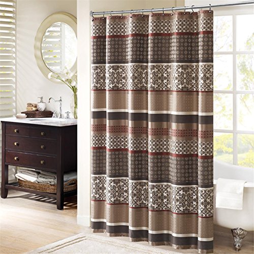 Madison Park Princeton Geometric Jacquard Fabric Shower Curtain , Transitional Shower Curtains for Bathroom , 72 X 72 , Red