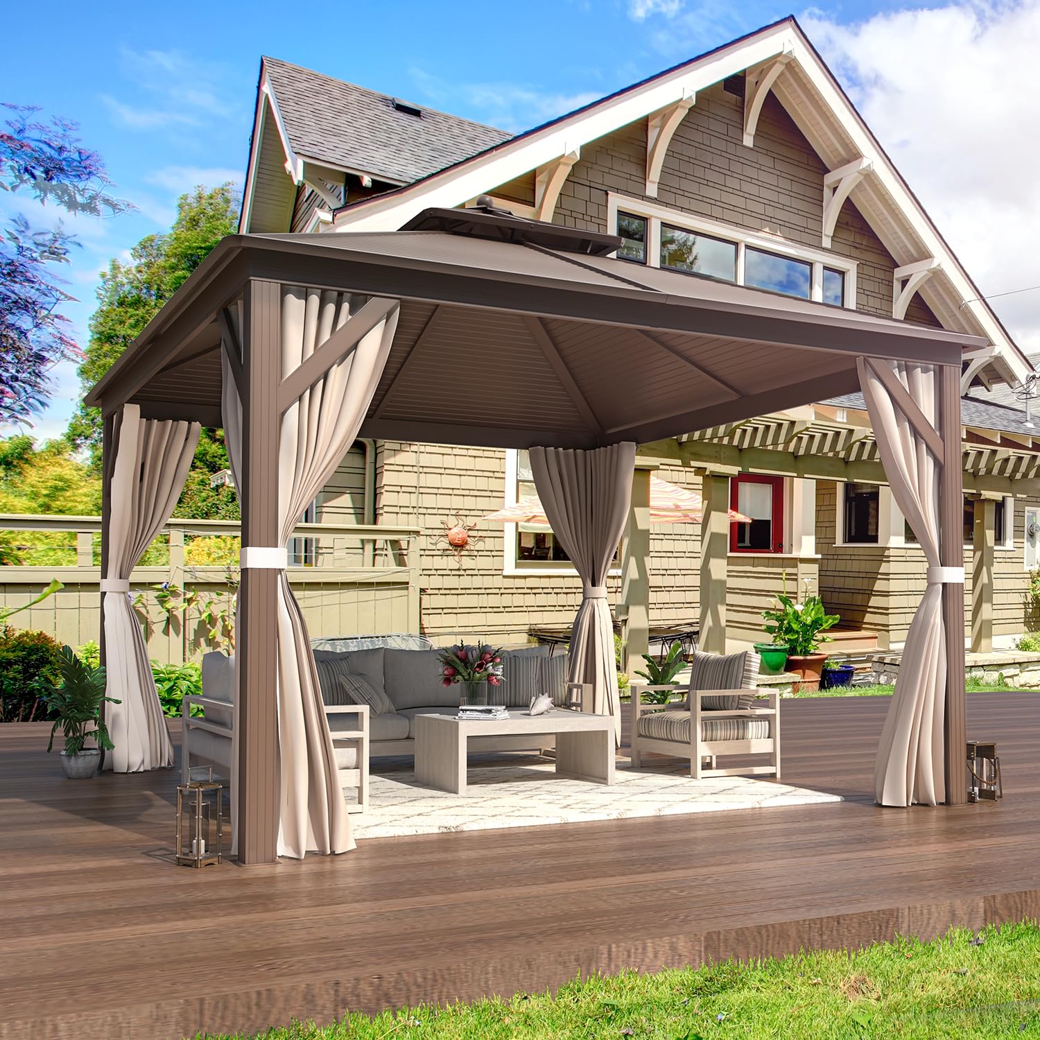 EROMMY 12' x 12' Gazebo, Outdoor Galvanized Steel Roof Hardtop Canopy with Aluminum Frame, Permanent Metal Pavilion with Netting and Curtains, for Patio Backyard Deck and Lawns