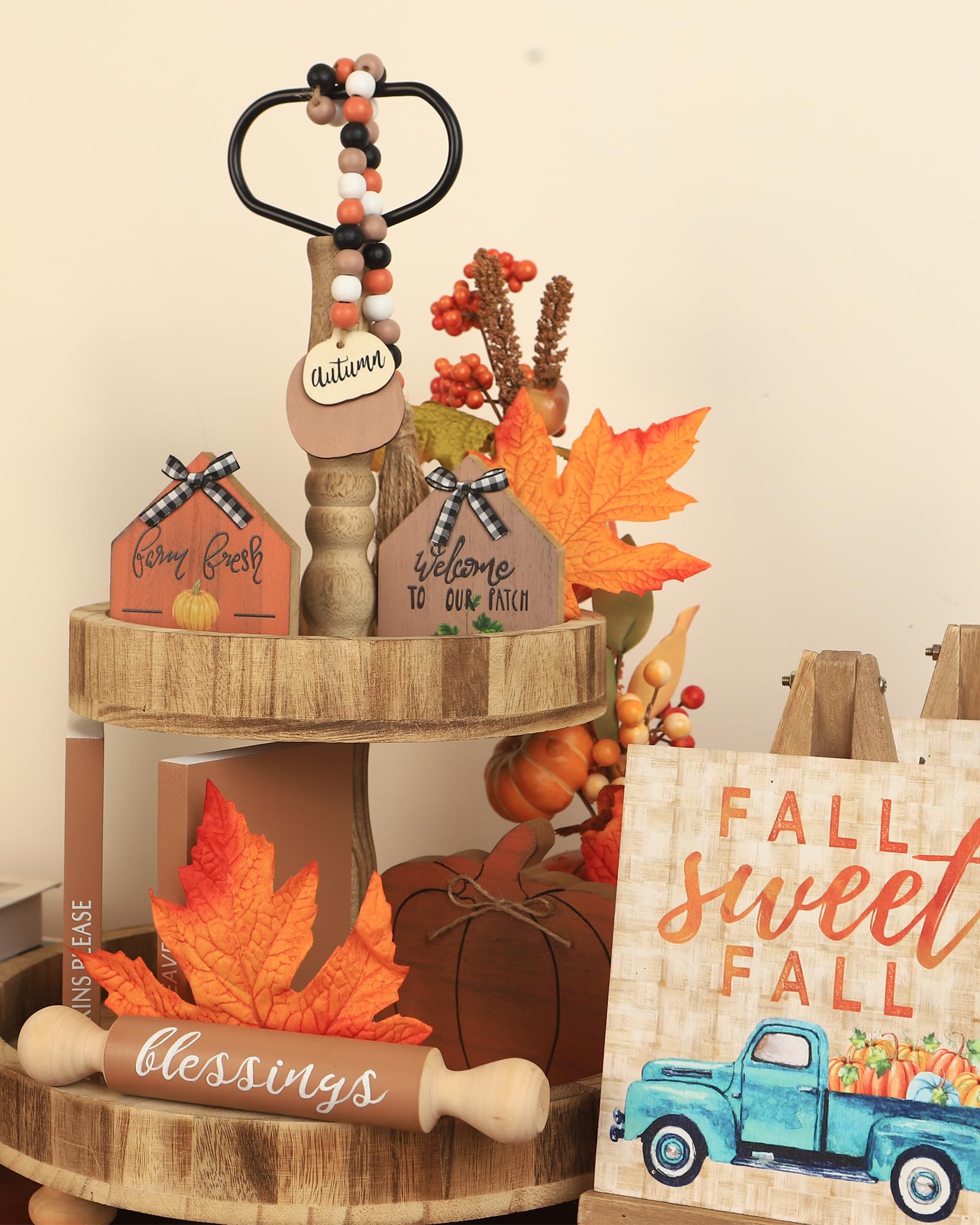 DN DECONATION 8 Pcs Fall Tiered Tray Decor Set,Fall Decorations for Home,Wooden Pumpkin Decoration, Thanksgiving Wooden Table Signs,Fall Book Stack Decor,Home, Table, Farmhouse, Gifts