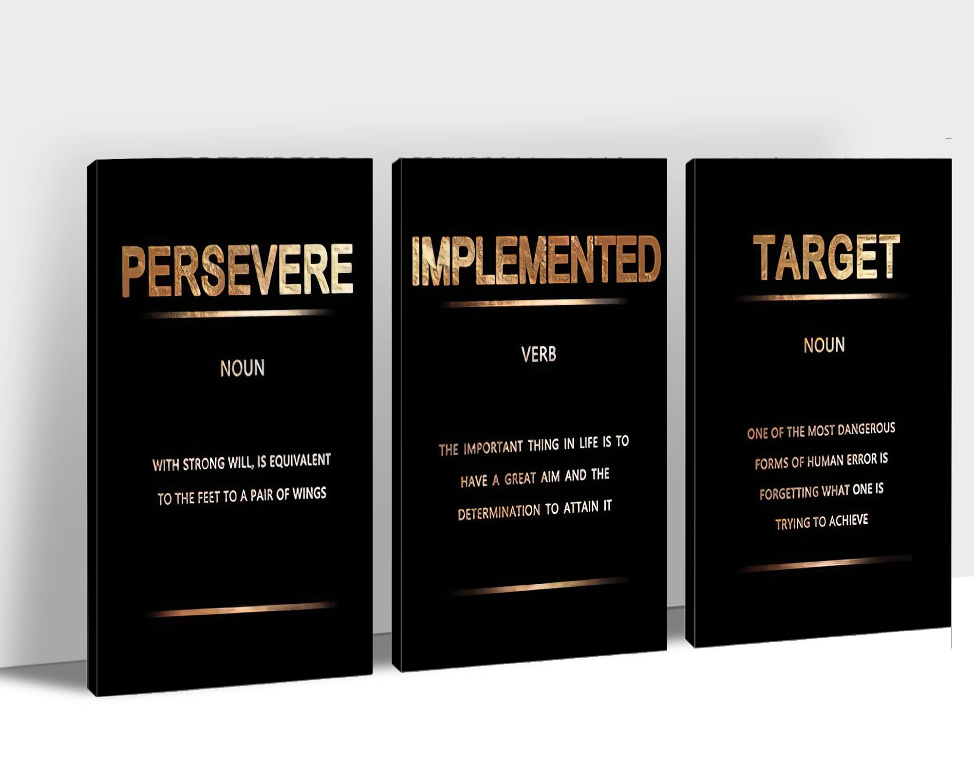 3-Panel Motivational Wall Art for Office, Inspirational Quotes Canvas Art for Home Office Wall Decor, Persevere-Implemented-Target Inspiring Affirmations Positive Words for Company Decor(12”x18”x3Pcs)