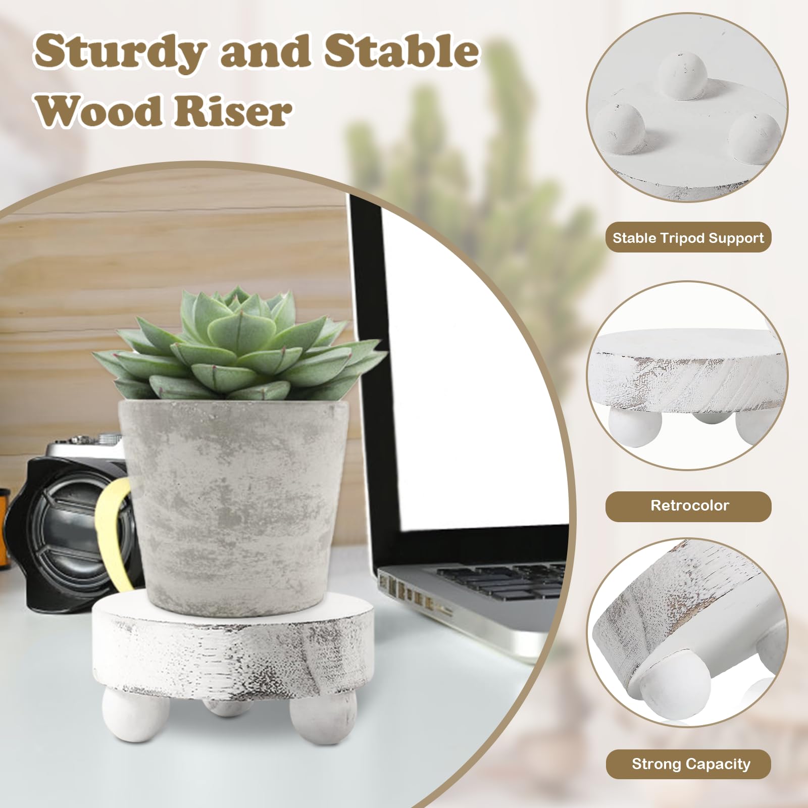 Ziluce Mini Wood Riser for Tiered Tray Decor, 2-Pack Small Wooden Risers for Display, 4-Inch Round Pedestal Stand, Distressed Farmhouse Risers for Home Decor - White
